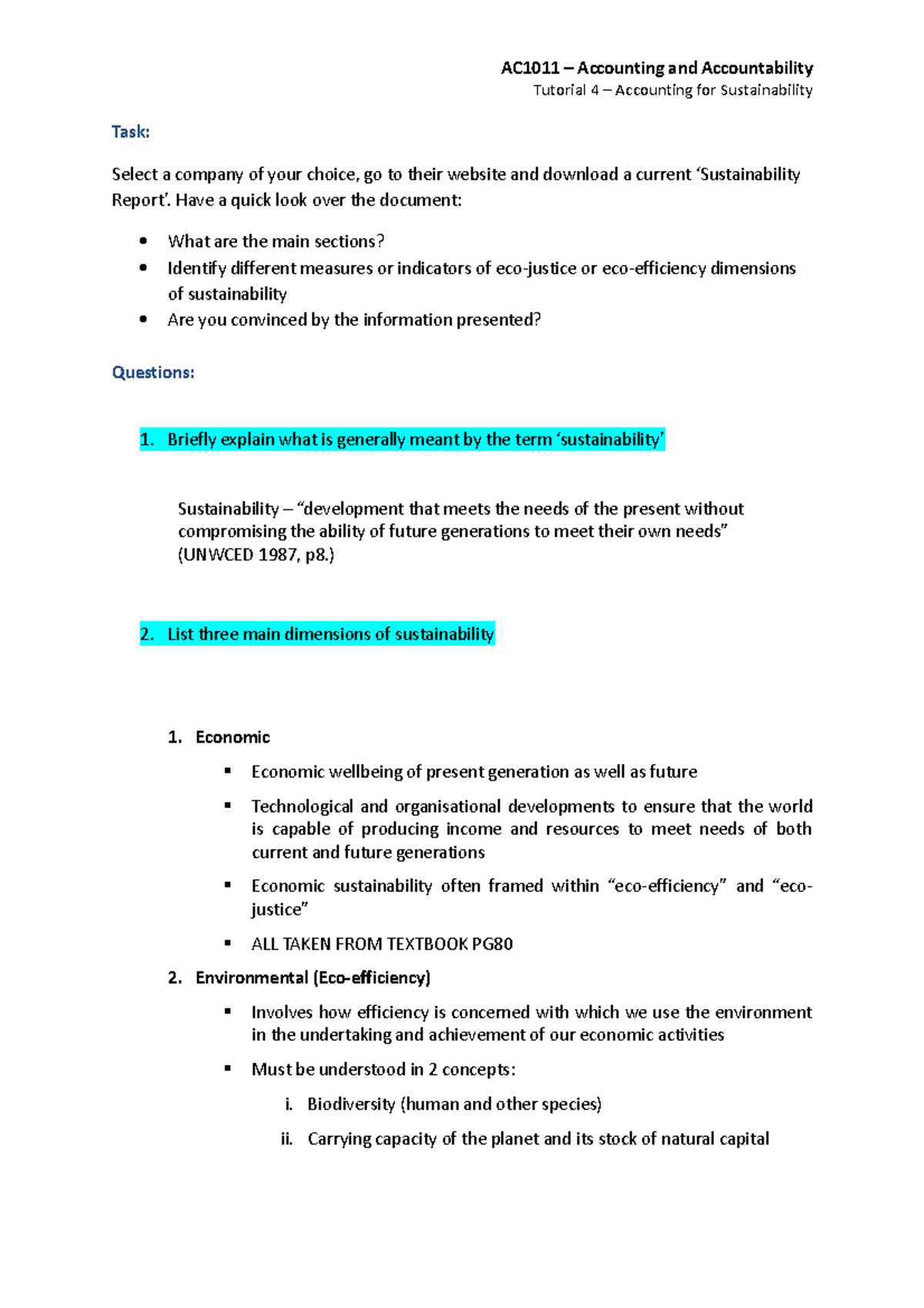 Tut 4 - Accounting for Sustainability - AC1011 – Accounting and ...