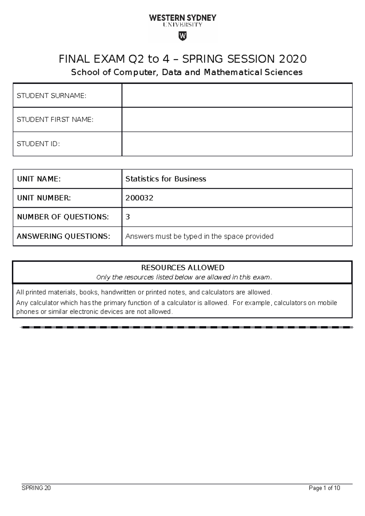 Stats final exam 2020 - FINAL EXAM Q2 to 4 – SPRING SESSION 2020 School ...