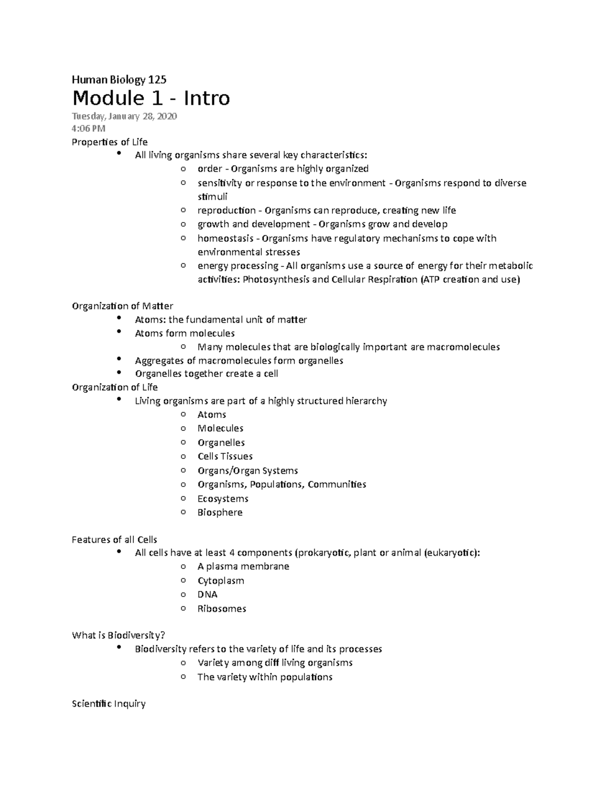 Human Biology 125 - Lecture notes Modules 1-3 - Human Biology 125 ...