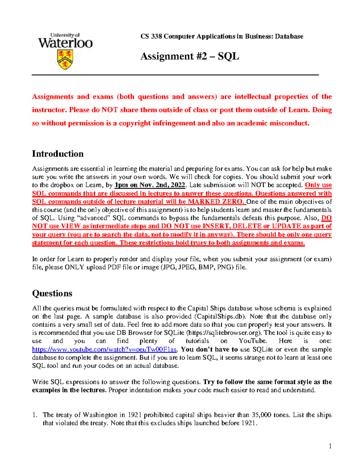 F22CS338-Assignment-2 - CS 338 Computer Applications in Business: Database Assignment #2 – SQL ...