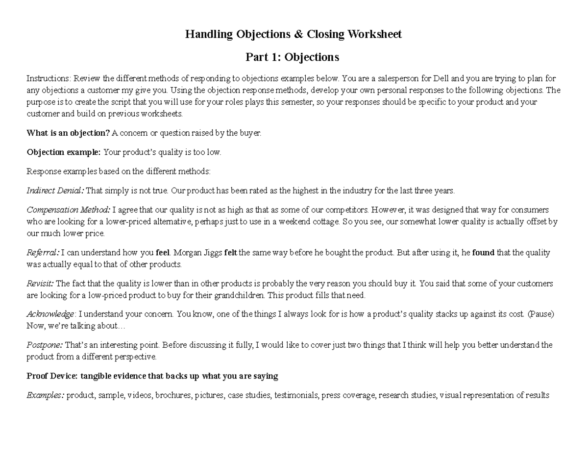 Worksheet 4 Objections and Closing - Handling Objections & Closing ...