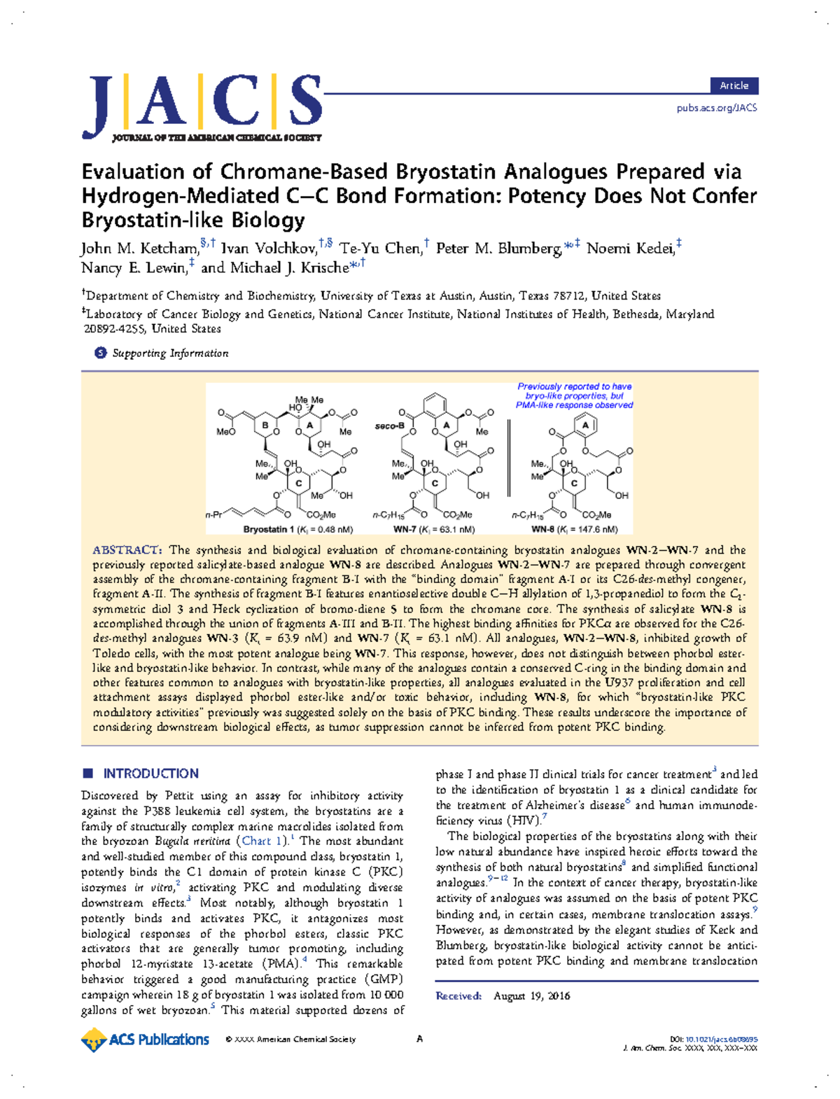 Evaluation of Chromane-Based Bryostatin Analogues Prepared via Hydrogen ...