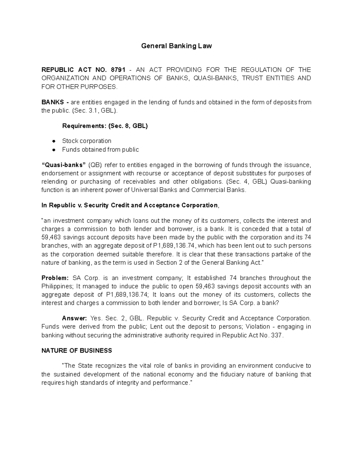 General Banking LAW Notes - General Banking Law REPUBLIC ACT NO. 8791 ...
