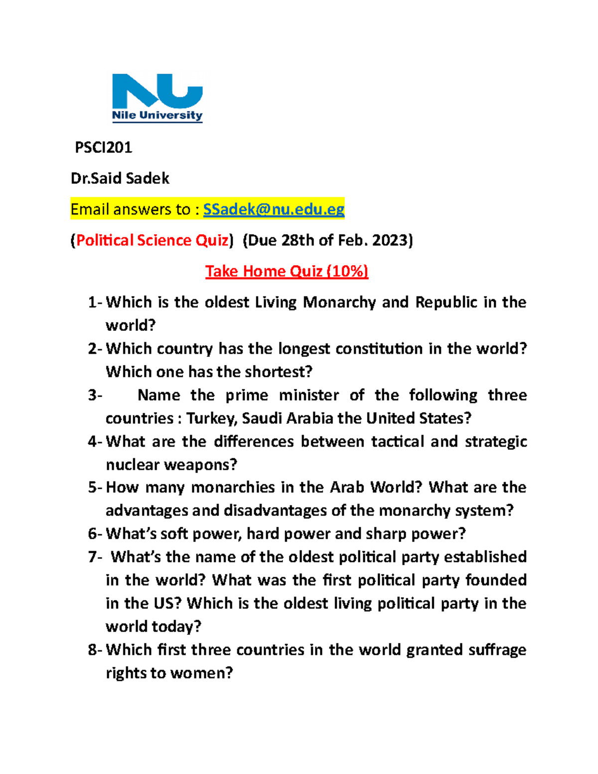Pol sci quiz Fall 2022 - quiz for political science - PSCI Dr Sadek ...