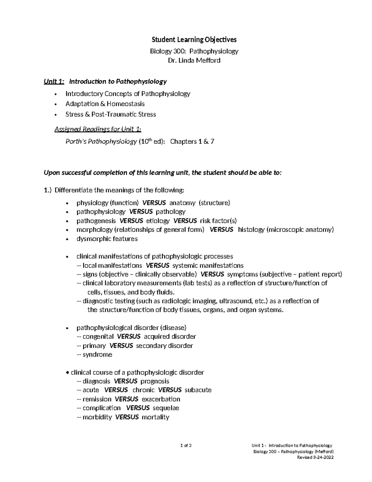 01 - Intro to Pathophysiology SLO 2022c - Student Learning Objectives Biology 300 ...