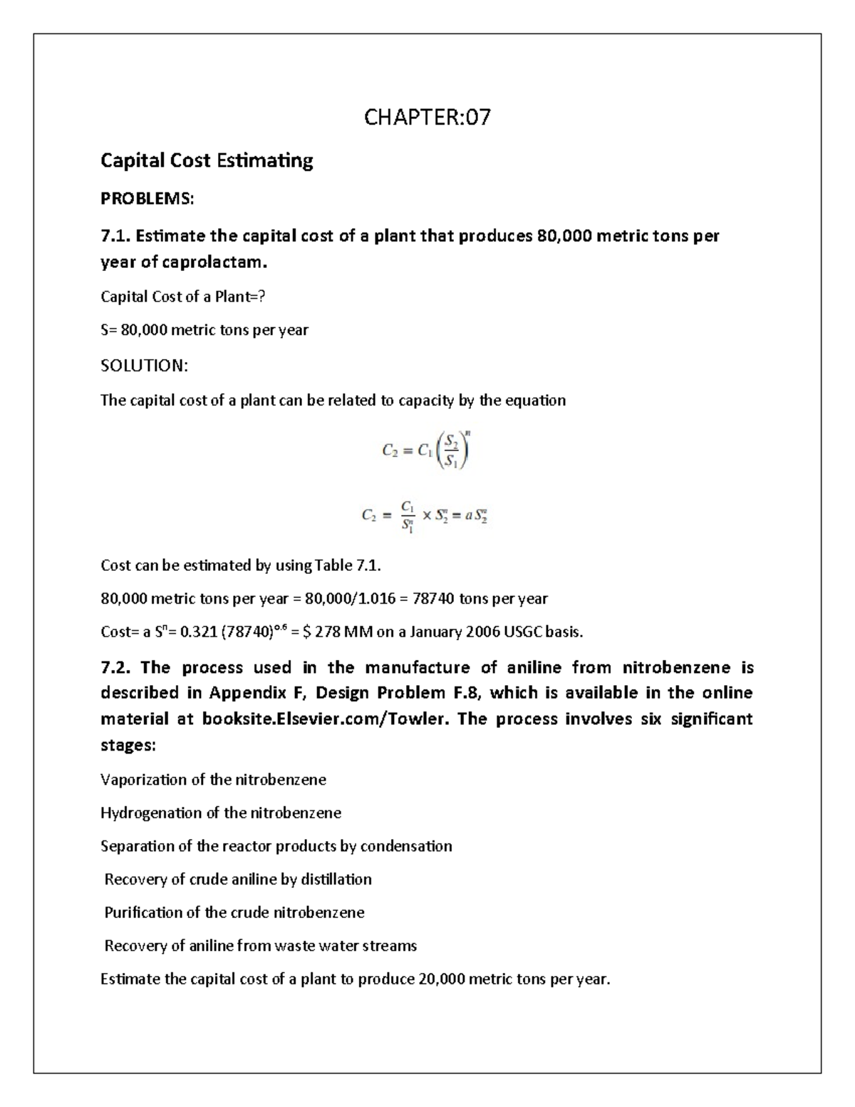 Toaz - answer - CHAPTER: Capital Cost Estimating PROBLEMS: 7. Estimate the capital cost of a ...
