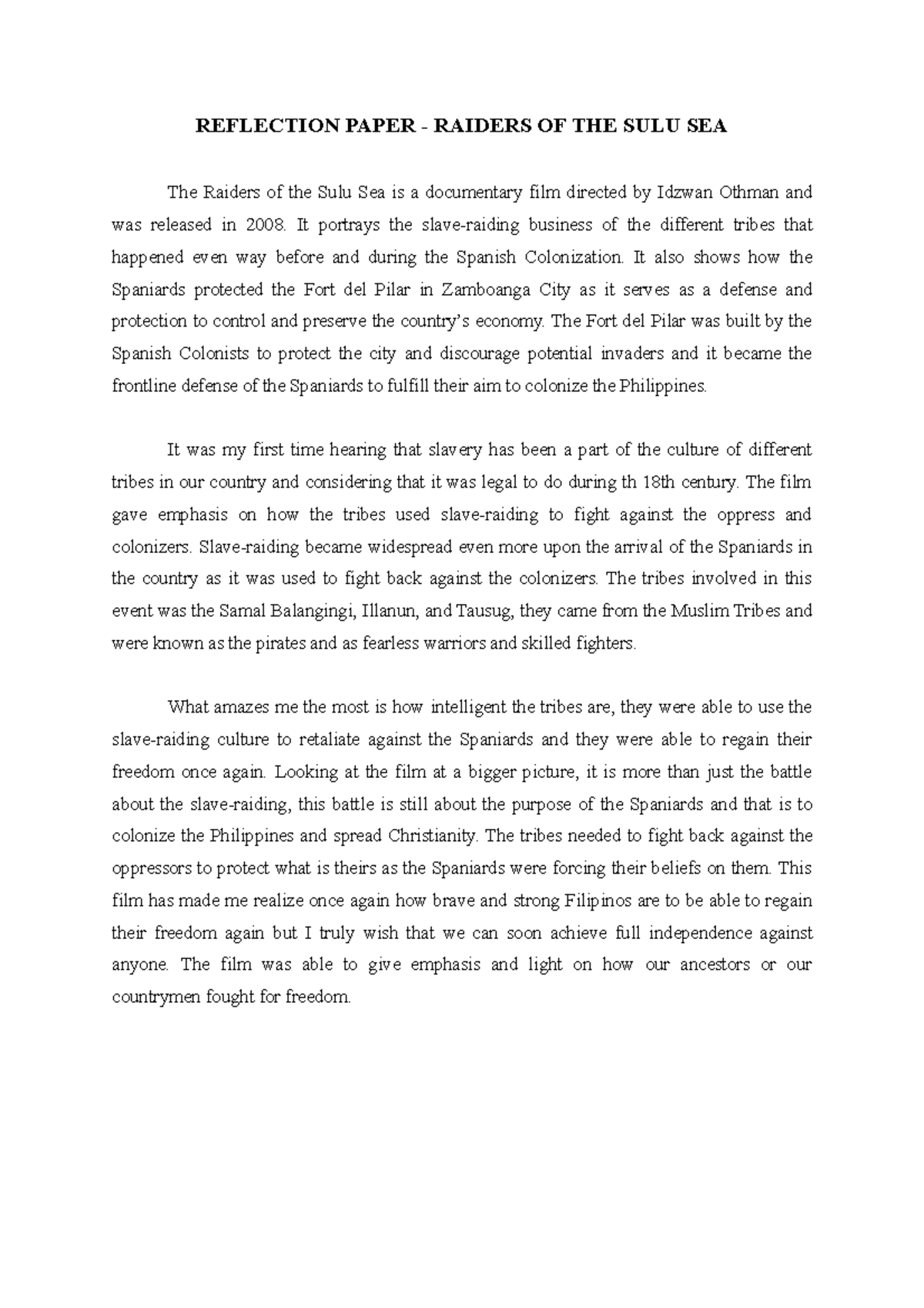 Assessment #6 - RIPH - REFLECTION PAPER - RAIDERS OF THE SULU SEA The ...