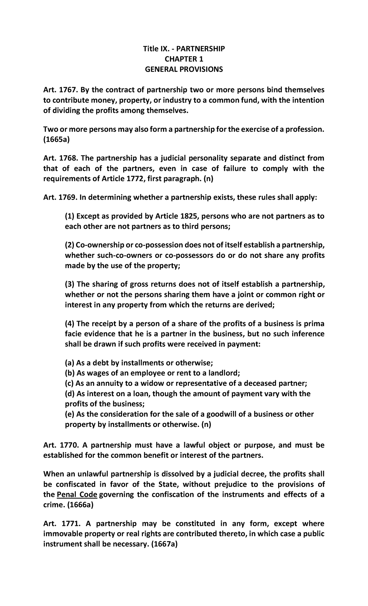 Article 1767 to 1771 1 - Lecture notes aaa - Title IX. - PARTNERSHIP ...