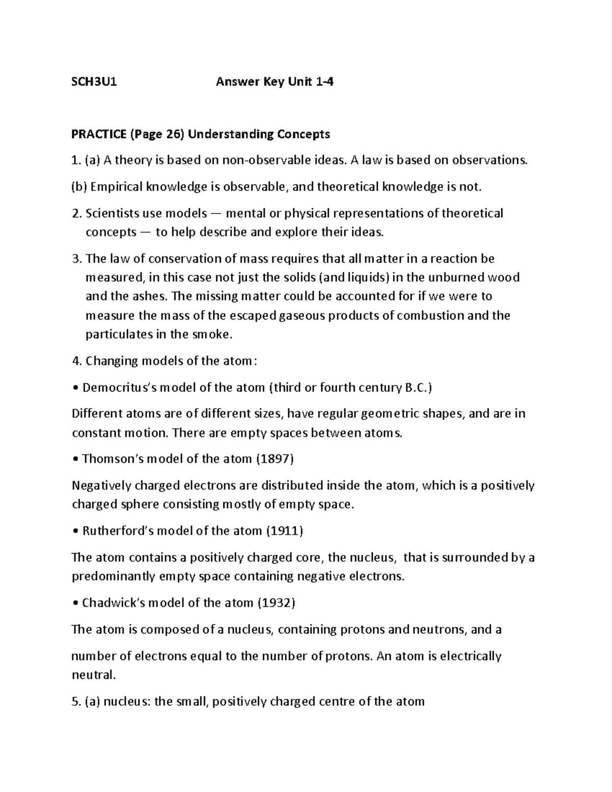 Chemistry Answer Key Unit 1-4 - SCH3U1 Answer Key Unit 1 - 4 PRACTICE ...