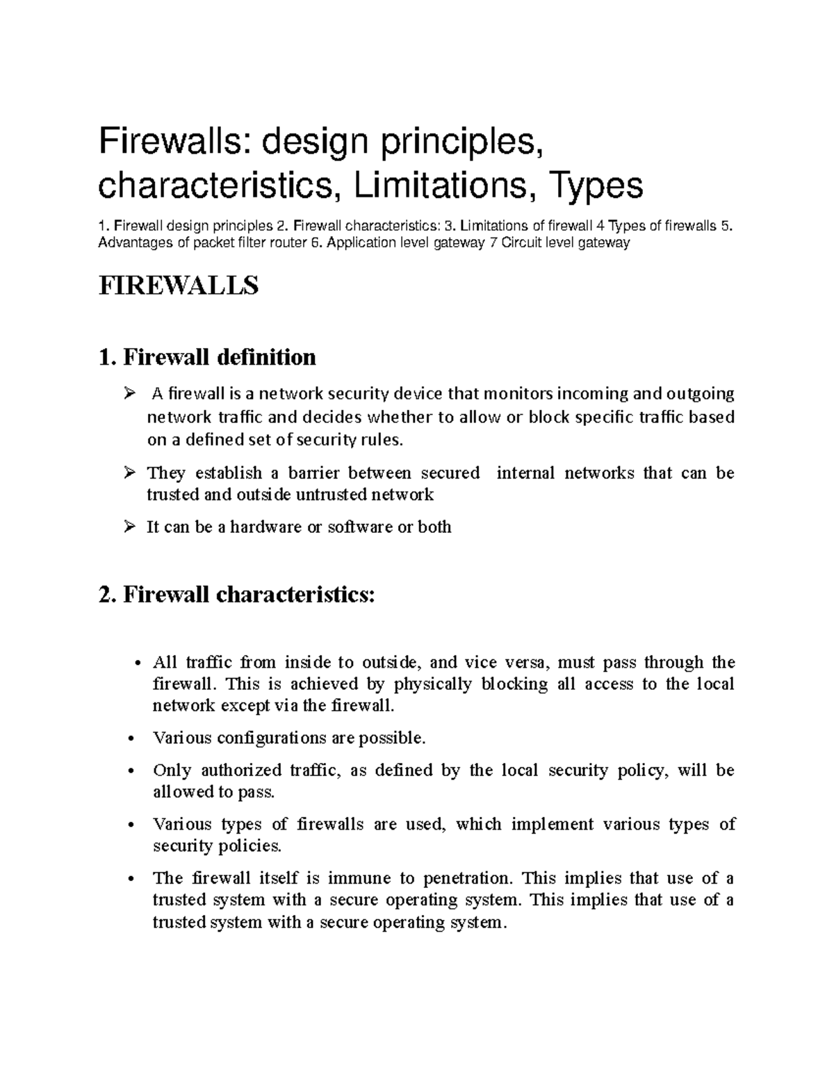 Firewalls - Firewall characteristics: 3. Limitations of firewall 4 ...