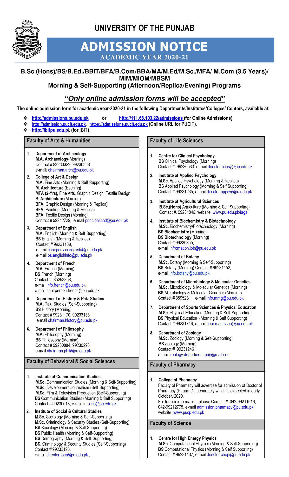 PU Admission Schedule 2020-21 - UNIVERSITY OF THE PUNJAB ADMISSION ...
