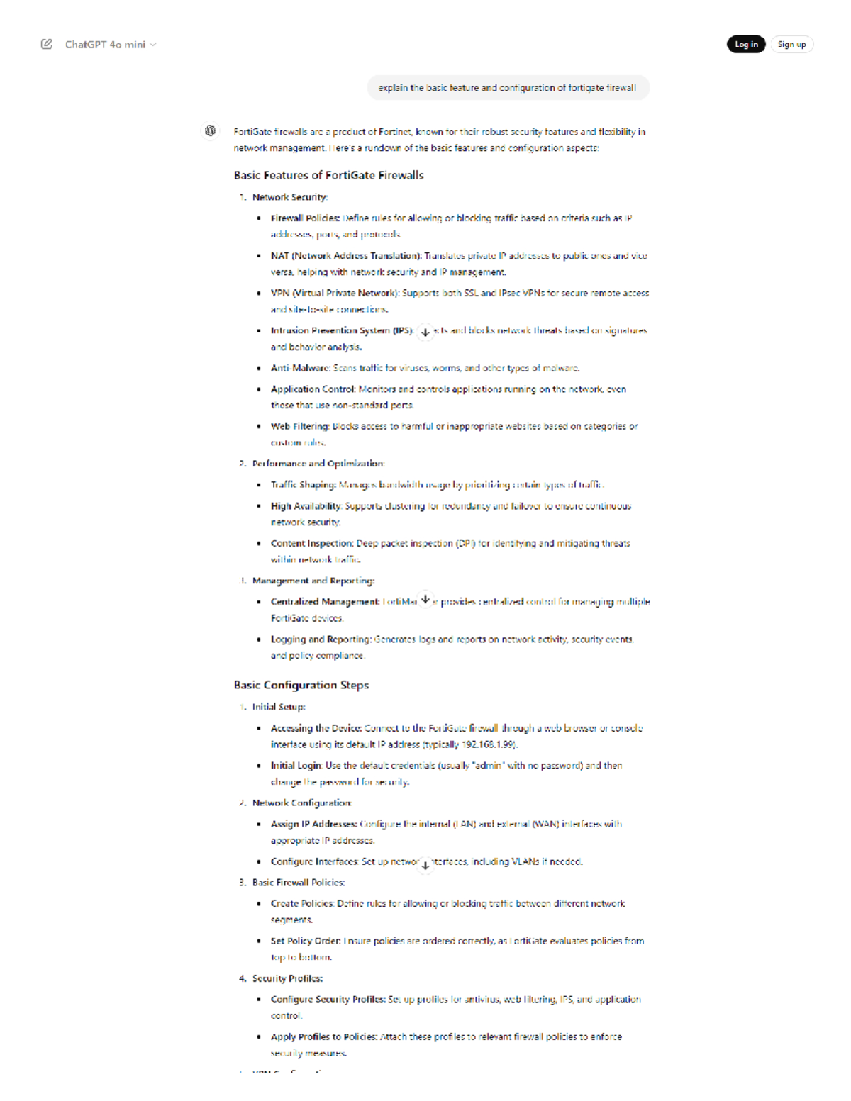 Fortigate basic config - ChatGPT 4o mini Log in Sign up explain the basic feature and ...