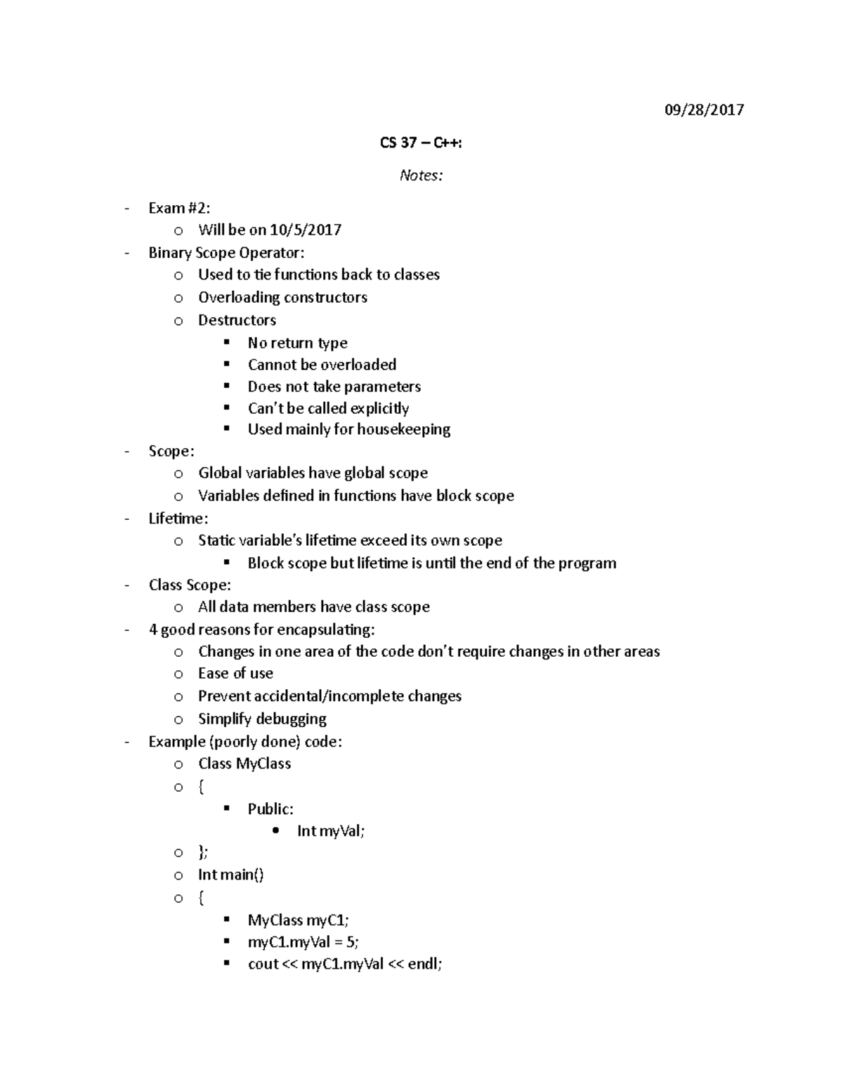 CS 37 - Notes #6 - 09/28/ CS 37 – C++: Notes: Exam #2: o Will be on 10 ...
