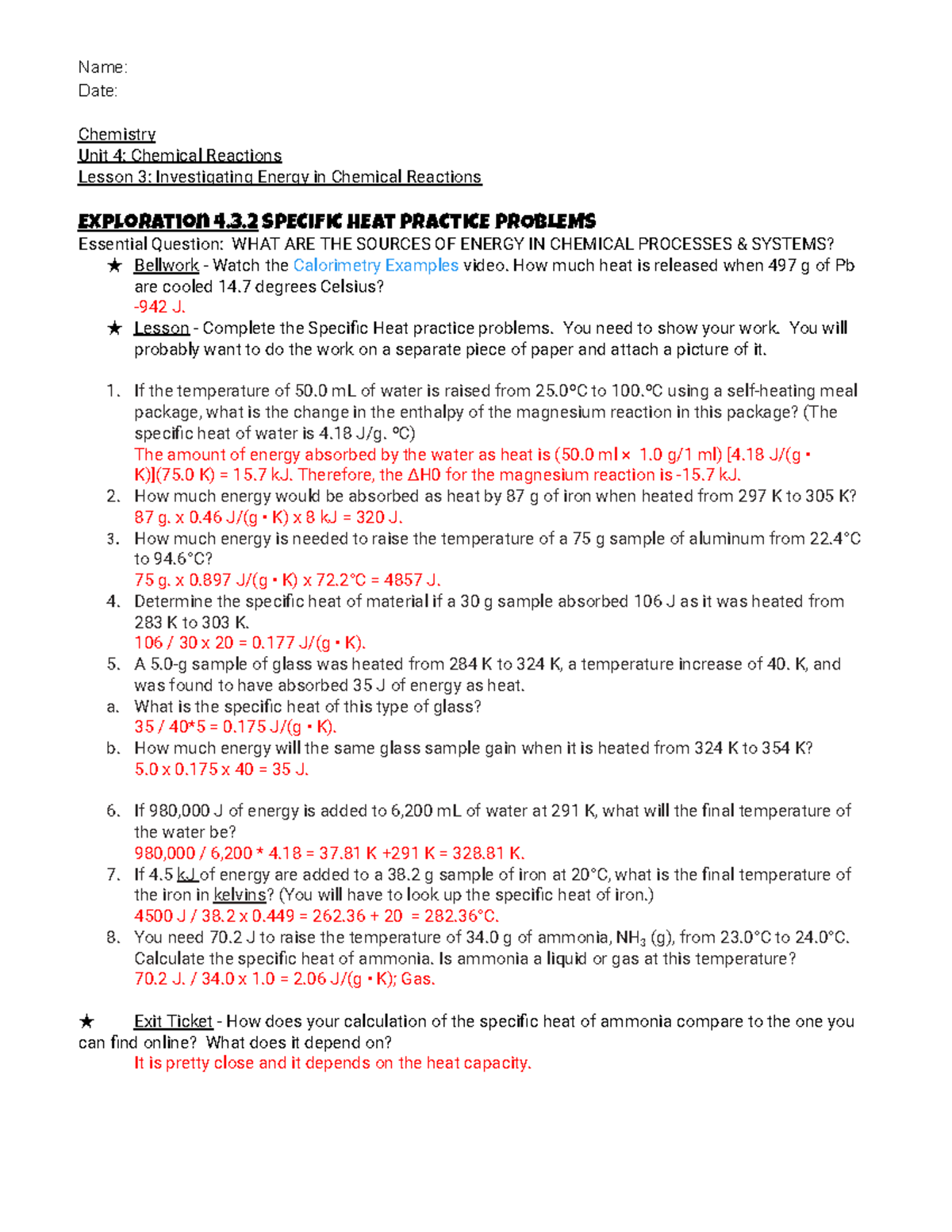 Specific Heat Practice - Name: Date: Chemistry Unit 4: Chemical ...