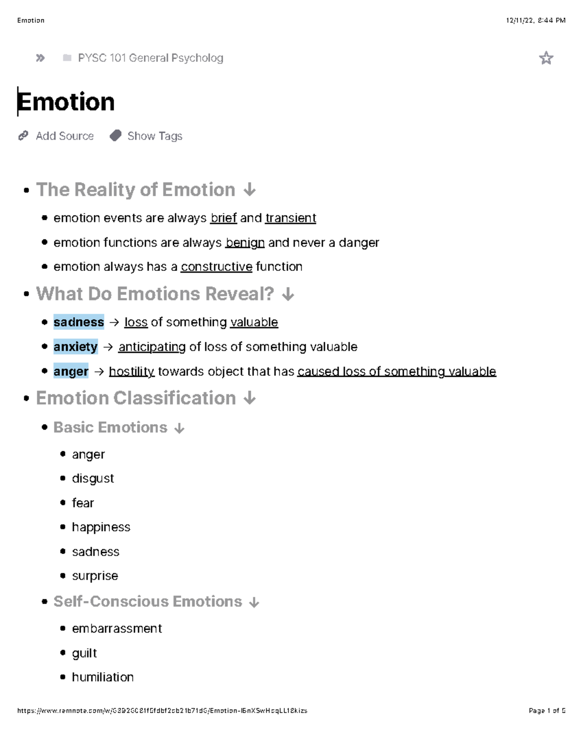 PSYC 101 Notes - Emotion - PYSC 101 General Psycholog Emotion Add ...