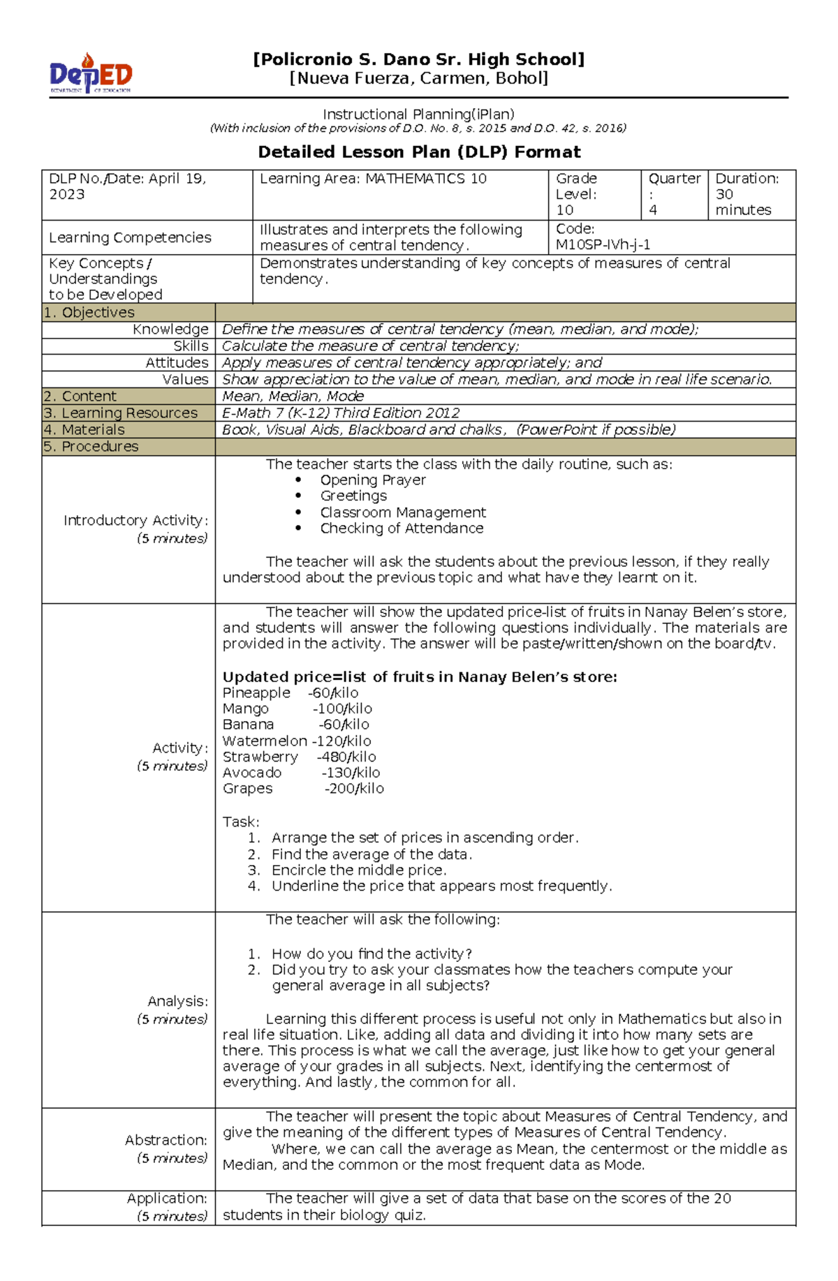 Lesson-Plan - Lesson Planning - [Policronio S. Dano Sr. High School ...