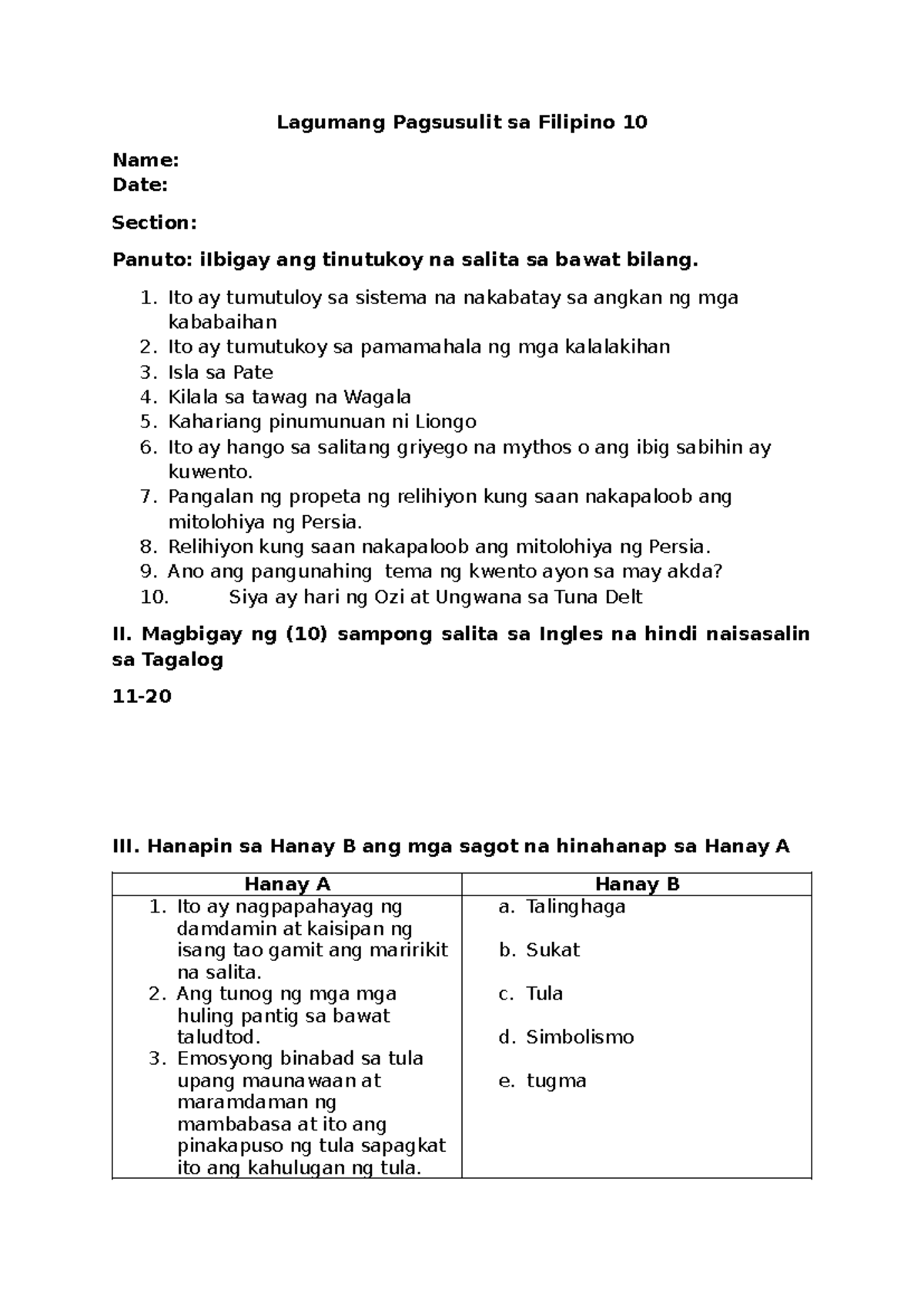 Final Summative IN Filipino 10 - Lagumang Pagsusulit sa Filipino 10 ...