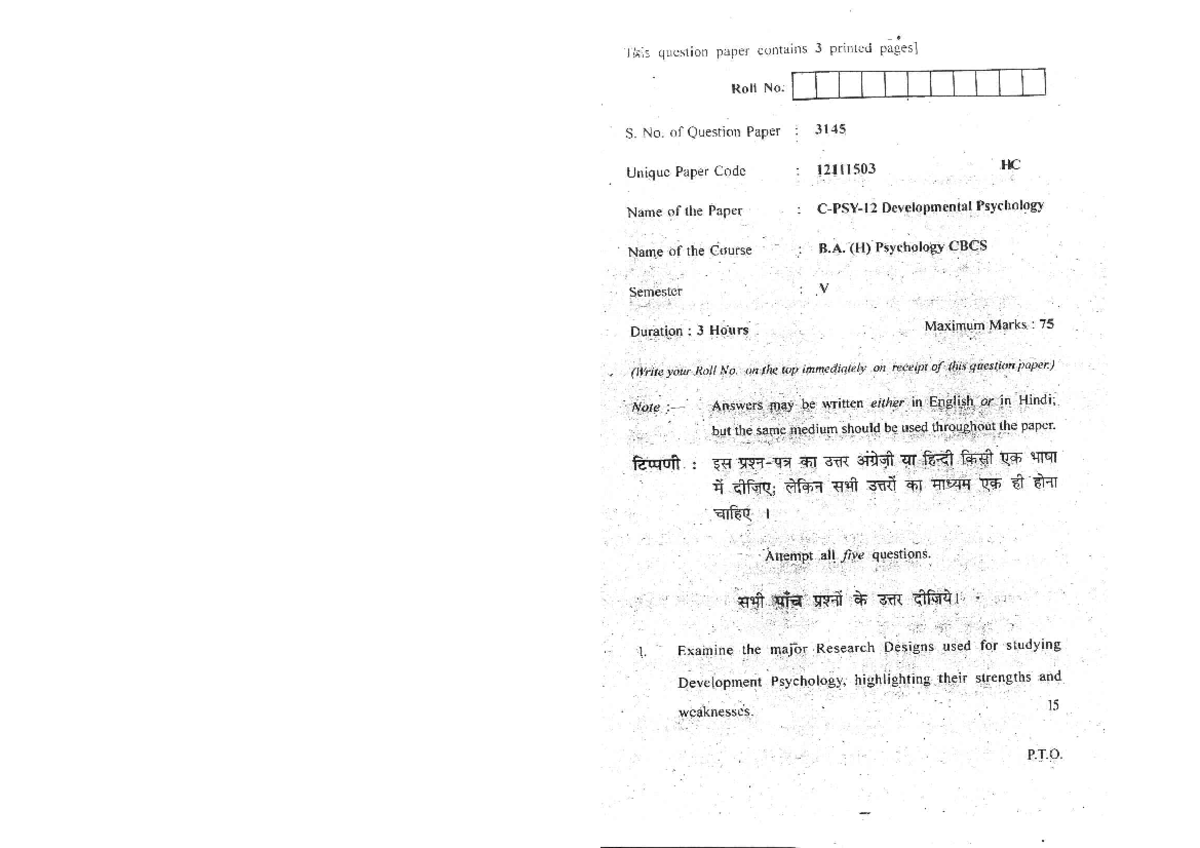B.A. Psychology(Hons.) PYQ Paper 3 - Developmental Psychology PYQ Paper ...