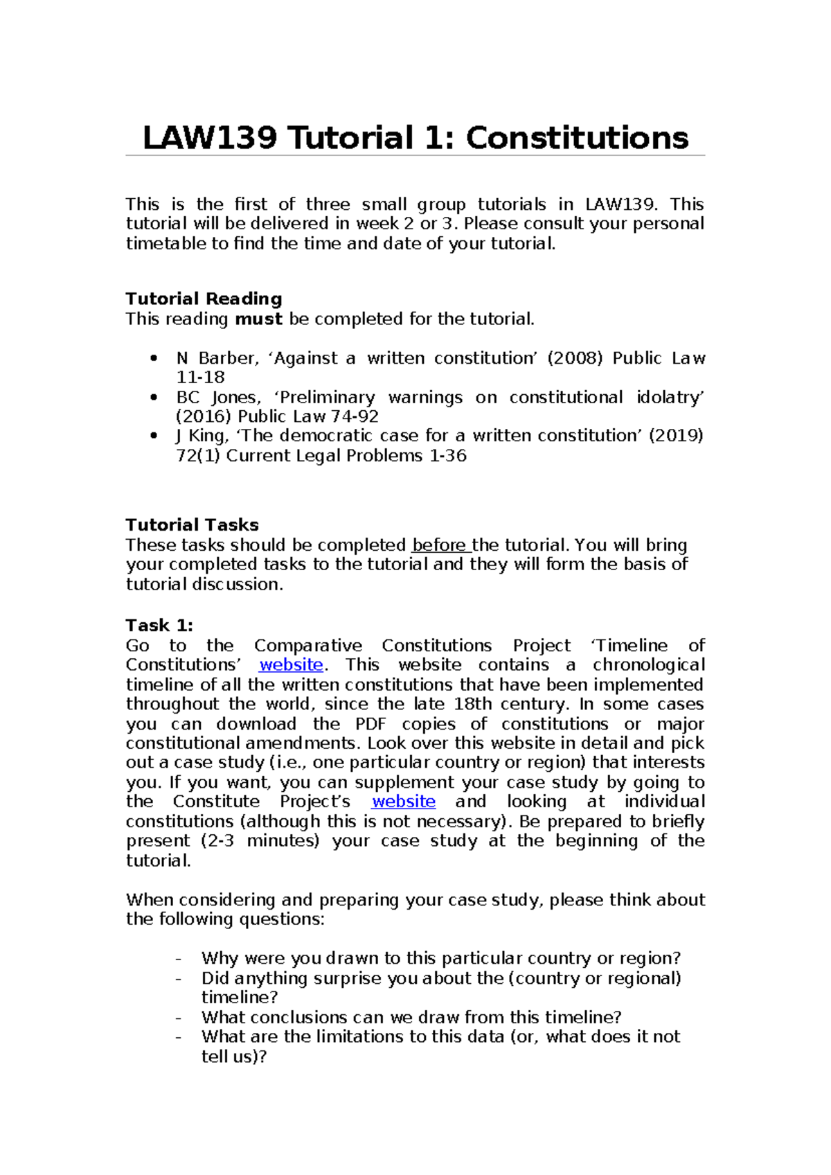 Tutorial 1 - Constitutions - LAW139 Tutorial 1: Constitutions This is ...