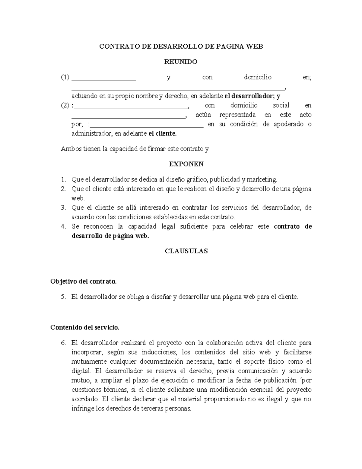 Contrato DE Desarrollo DE Pagina WEB - CONTRATO DE DESARROLLO DE PAGINA WEB REUNIDO (1) - Studocu