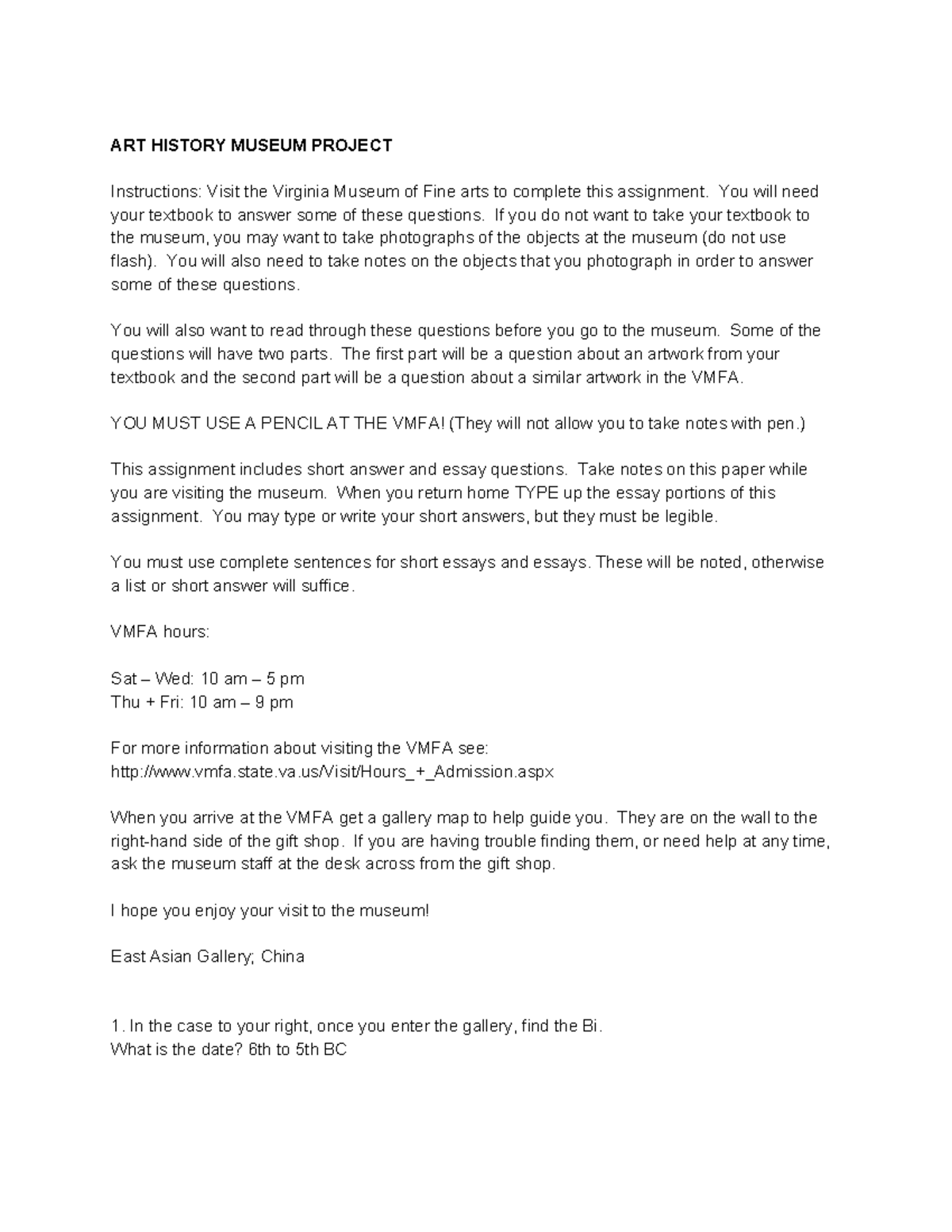 Museum Project - ART HISTORY MUSEUM PROJECT Instructions: Visit the ...