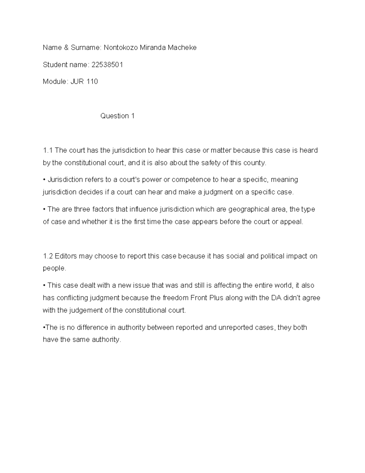 JUR EXAM - Exam question - Name & Surname: Nontokozo Miranda Macheke ...
