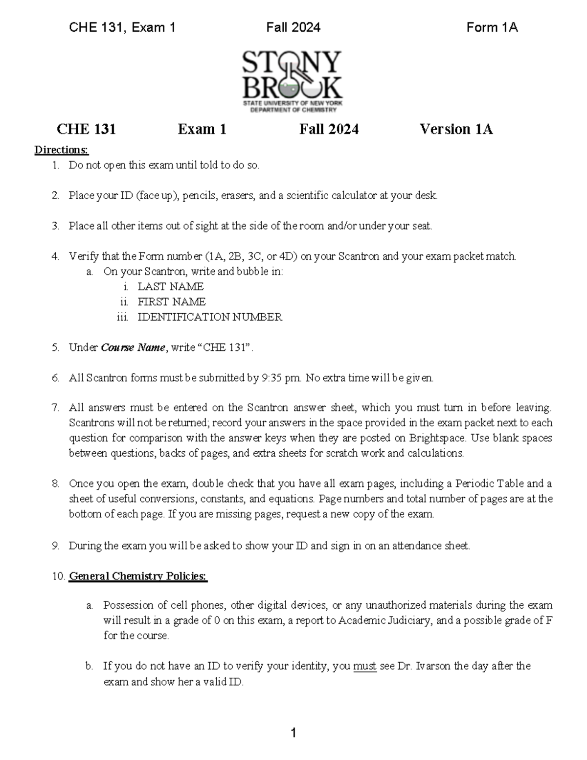 CHE131 F24 Exam 1 Form1A - CHE 131 Exam 1 Fall 202 4 Version 1A ...