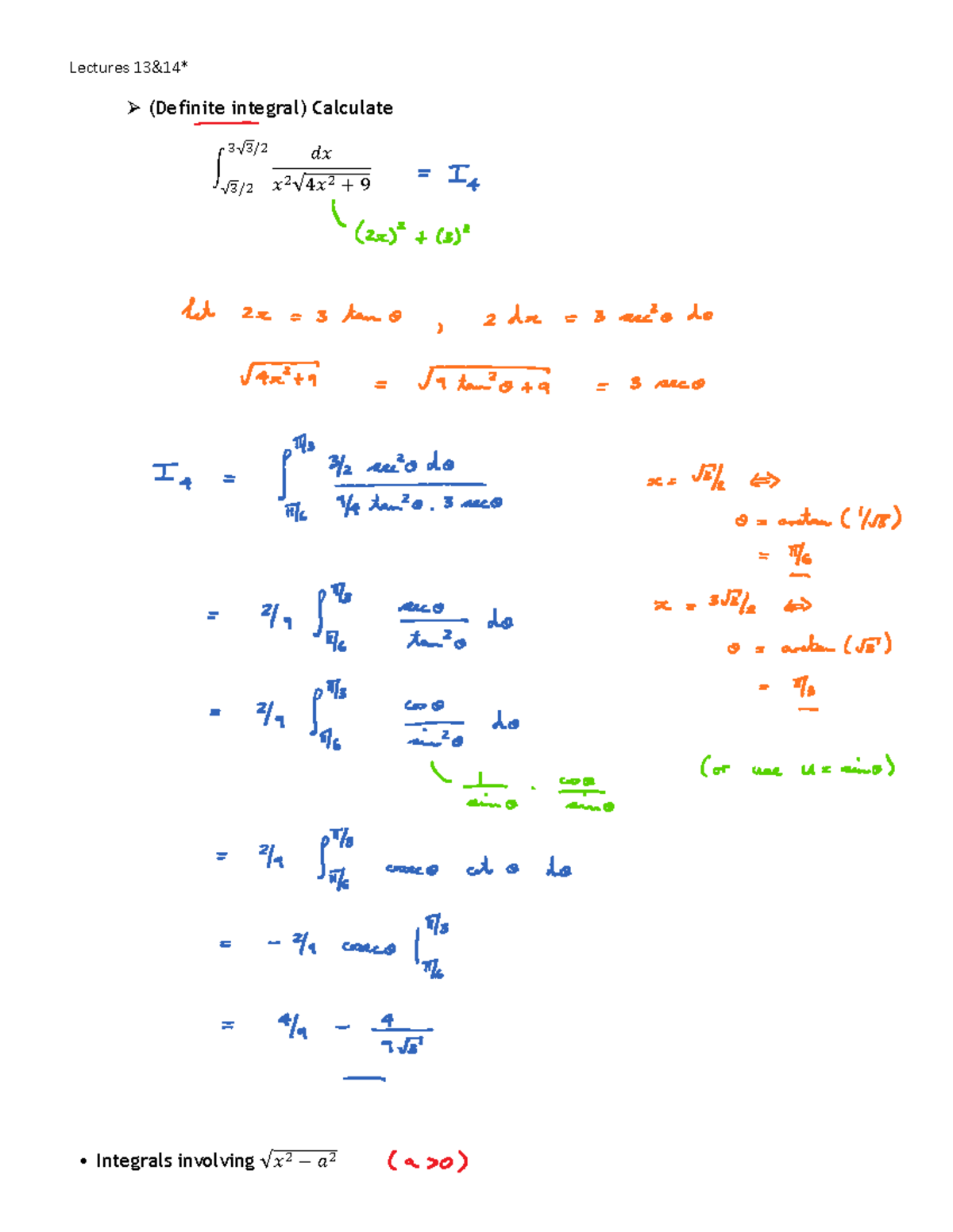 L13+14 - Notes - (Definite integral) Calculate Integrals involving √ − ...