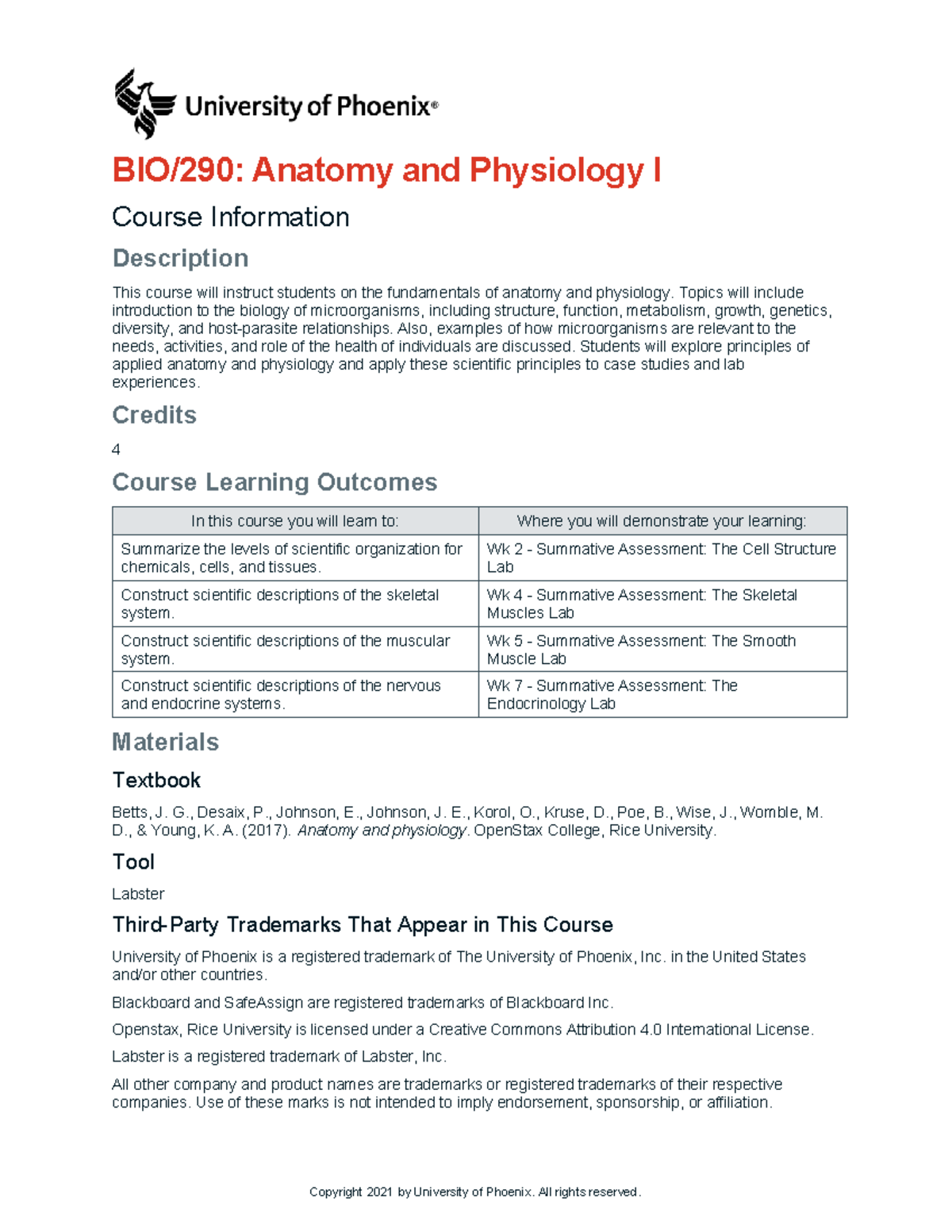 Bio290 v3 syllabus - BIO/290: Anatomy and Physiology I Course ...