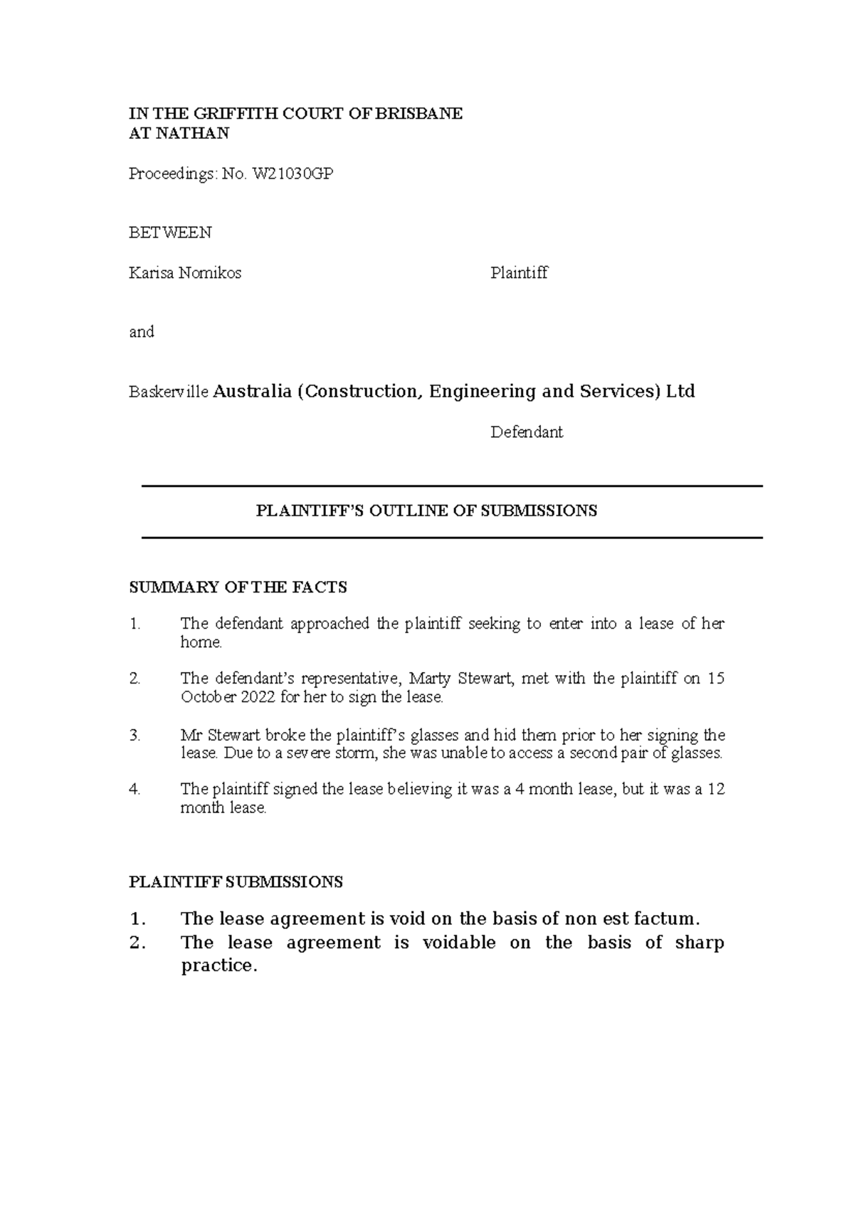 Outline of Argument Example for Workshop Q(1) - IN THE GRIFFITH COURT ...
