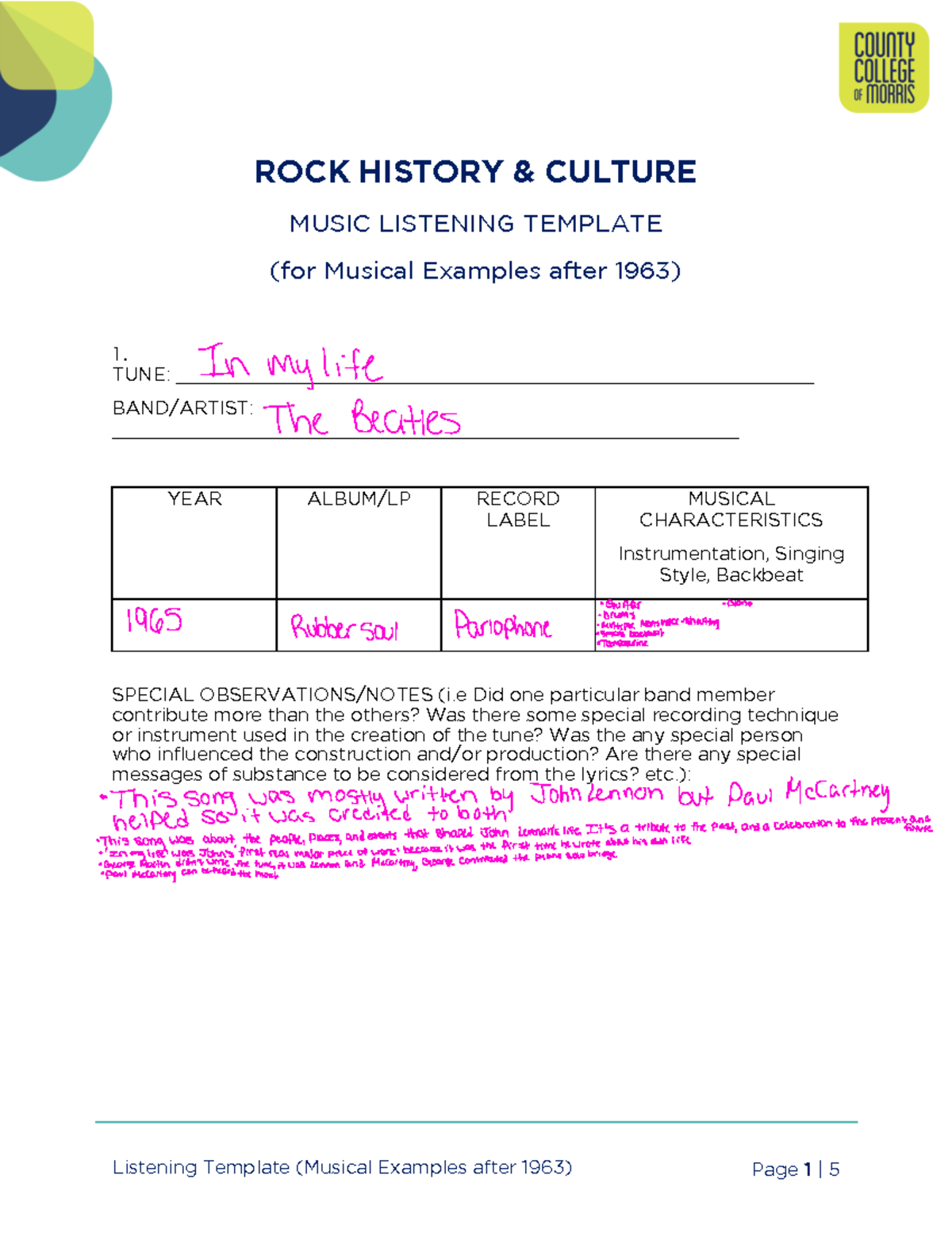 Listening Template (Musical Examples after 1963) - ROCK HISTORY ...