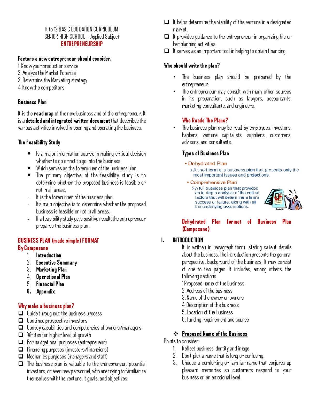 Business Plan-Handout - K to 12 BASIC EDUCATION CURRICULUM SENIOR HIGH ...