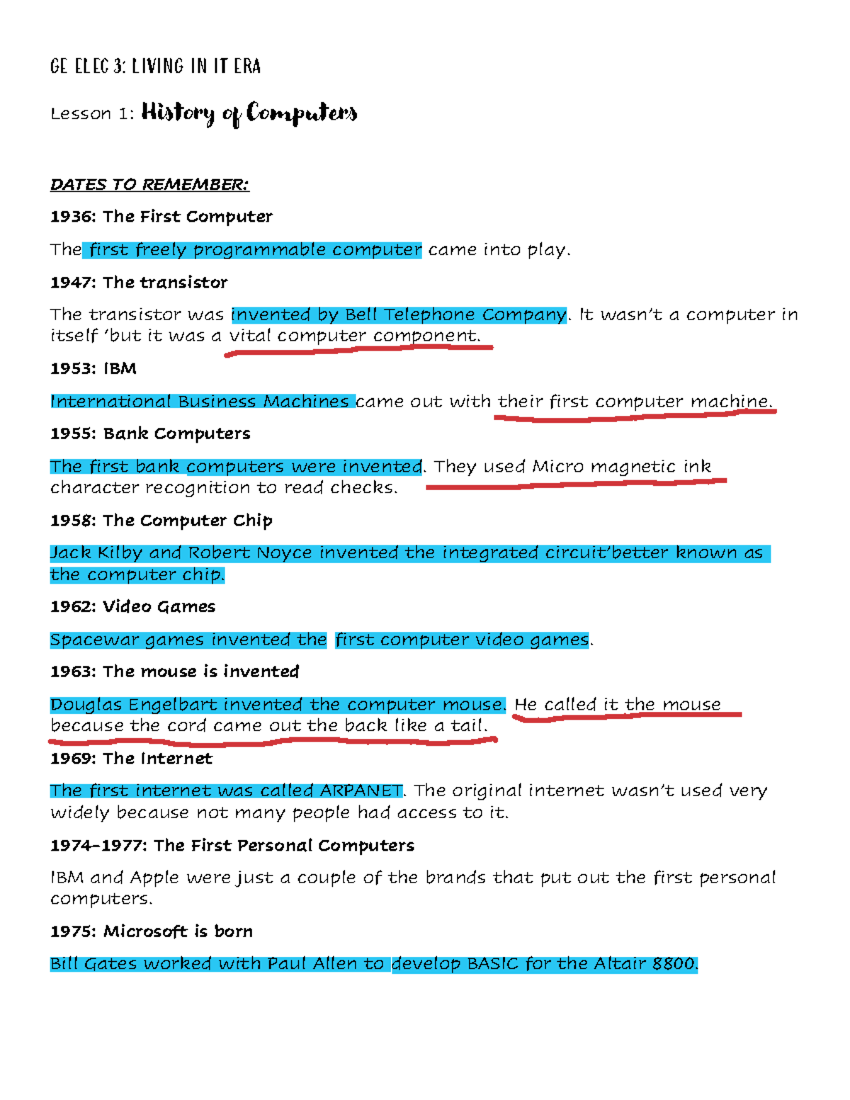 History of Computer - GE ELEC 3: LIVING IN IT ERA Lesson 1: History of ...
