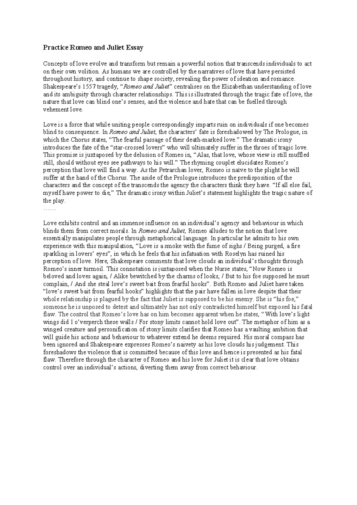 Practice Romeo and Juliet Essay - Practice Romeo and Juliet Essay ...