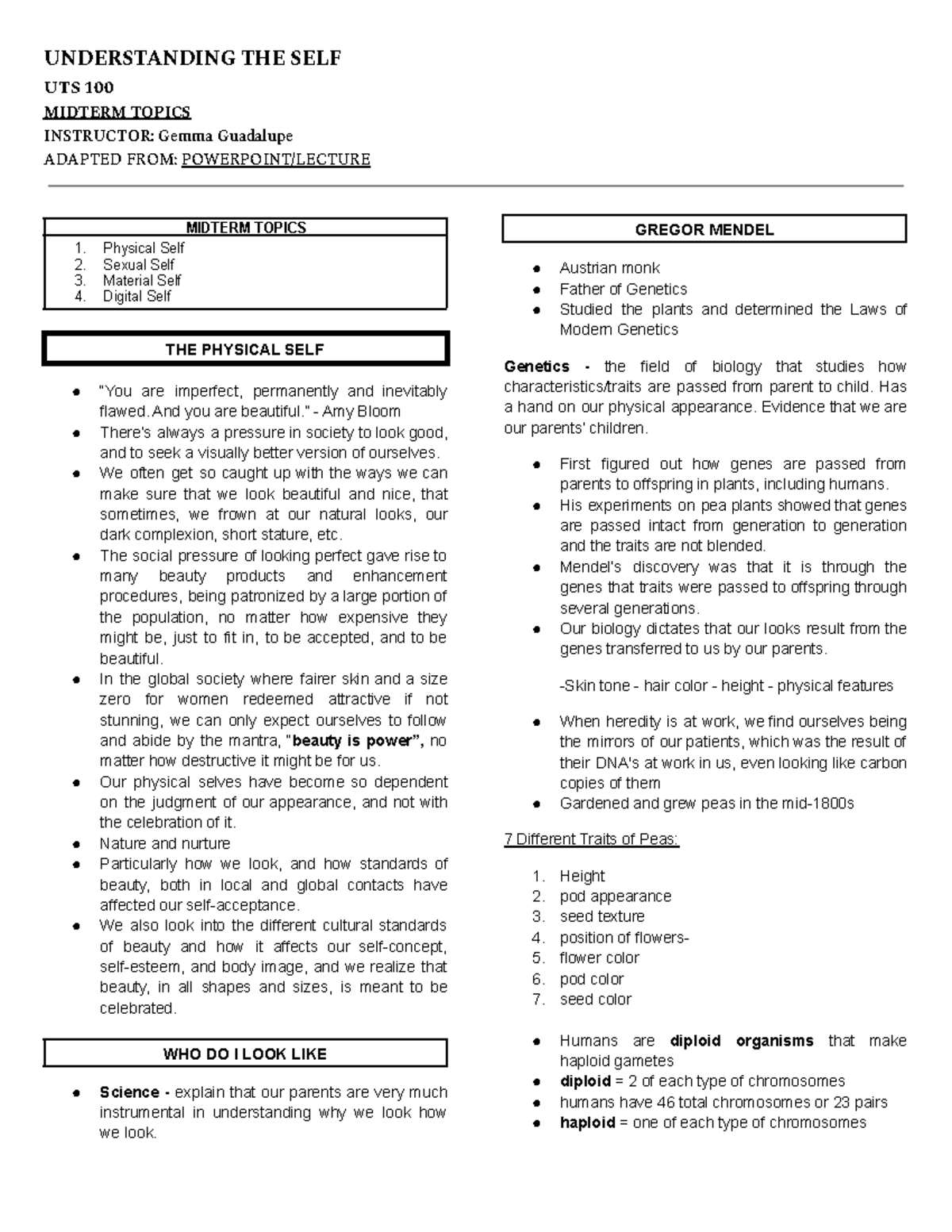 UTS midterm tran - UNDERSTANDING THE SELF UTS 100 MIDTERM TOPICS INSTRUCTOR: Gemma Guadalupe ...