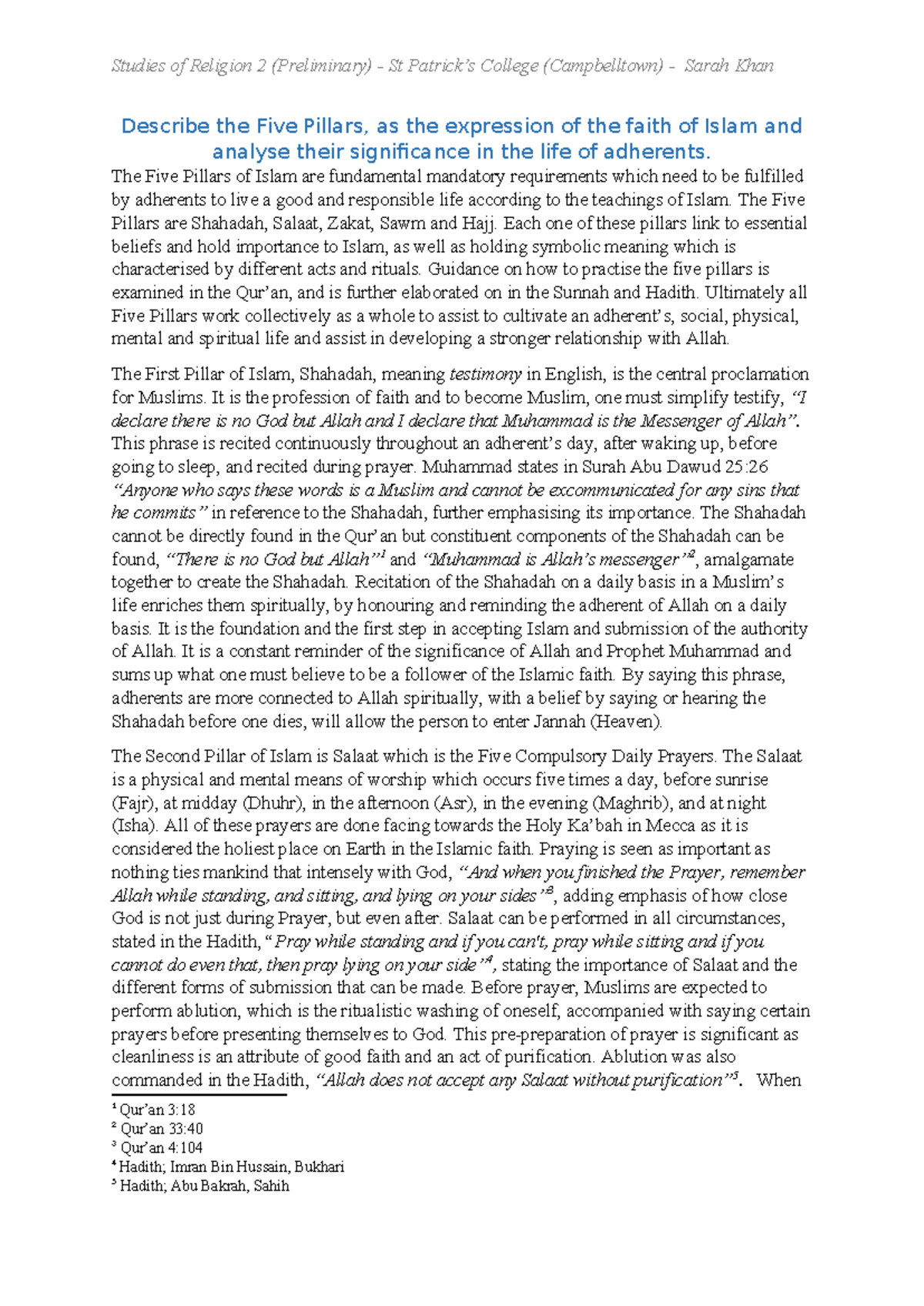 Islam Five Pillars - Essay (Sarah Khan) - Studies of Religion 2 ...