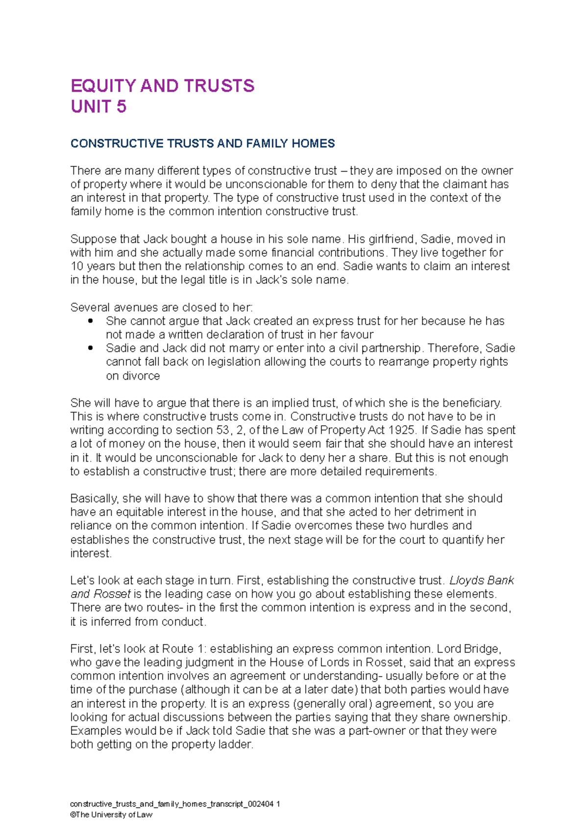 Constructive trusts and family homes transcript 002404 - EQUITY AND ...