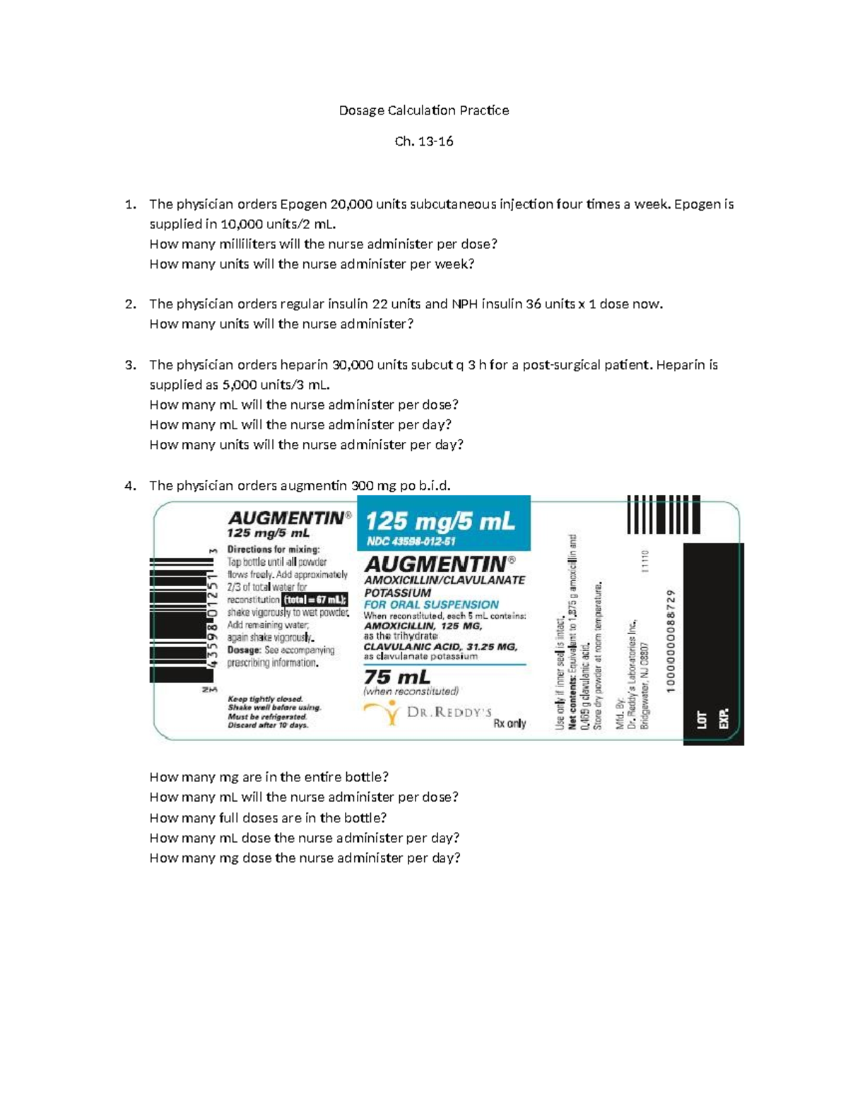 Practice Test Ch 13-16 - Dosage Calculation Practice Ch. 13- The ...
