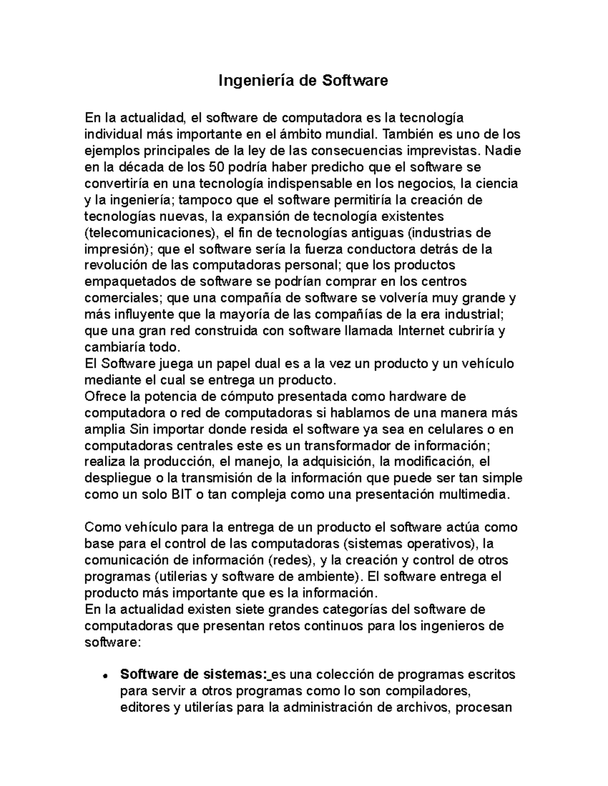 Resumen - Ingenieria de Software - Ingeniería de Software En la ...