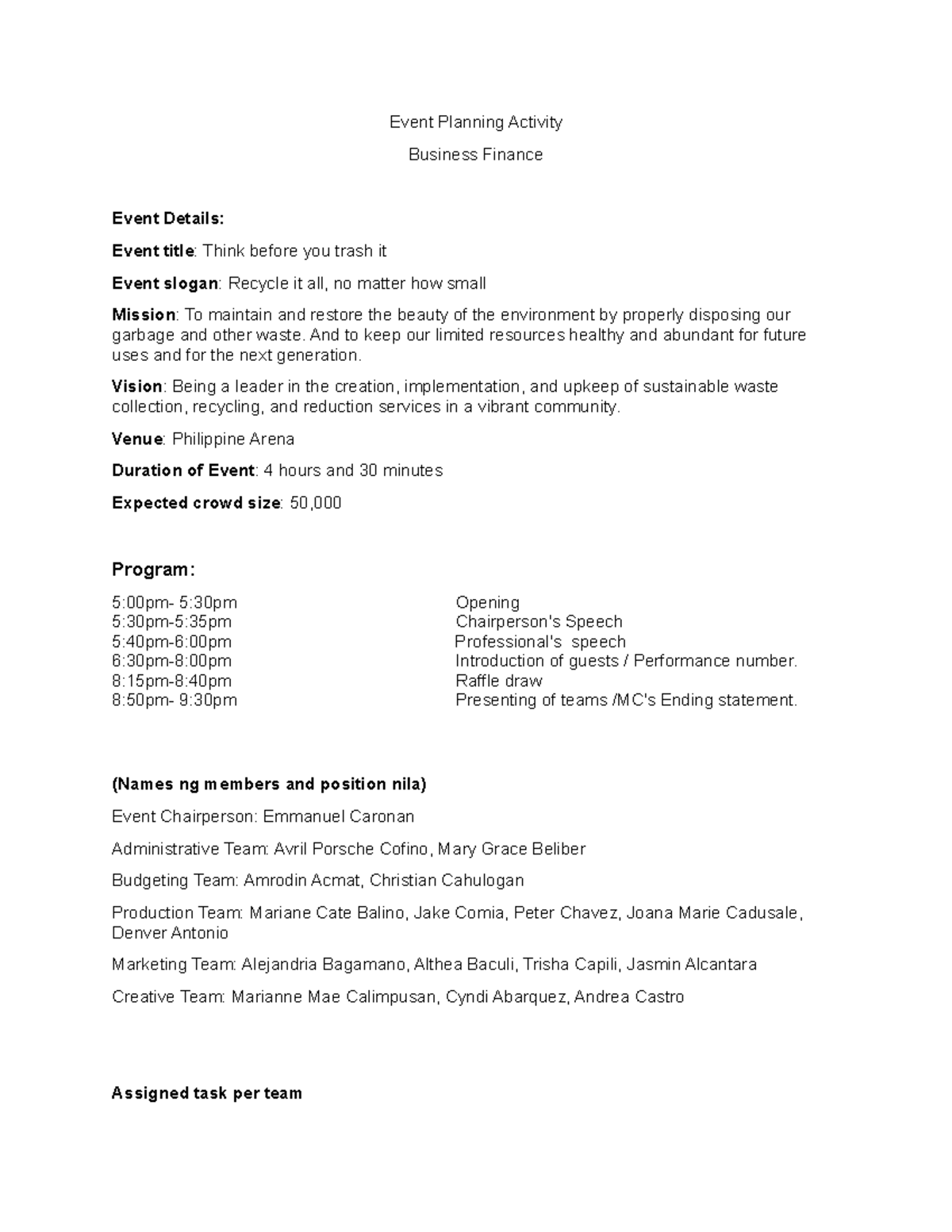 Event-Planning-Activity - Event Planning Activity Business Finance ...