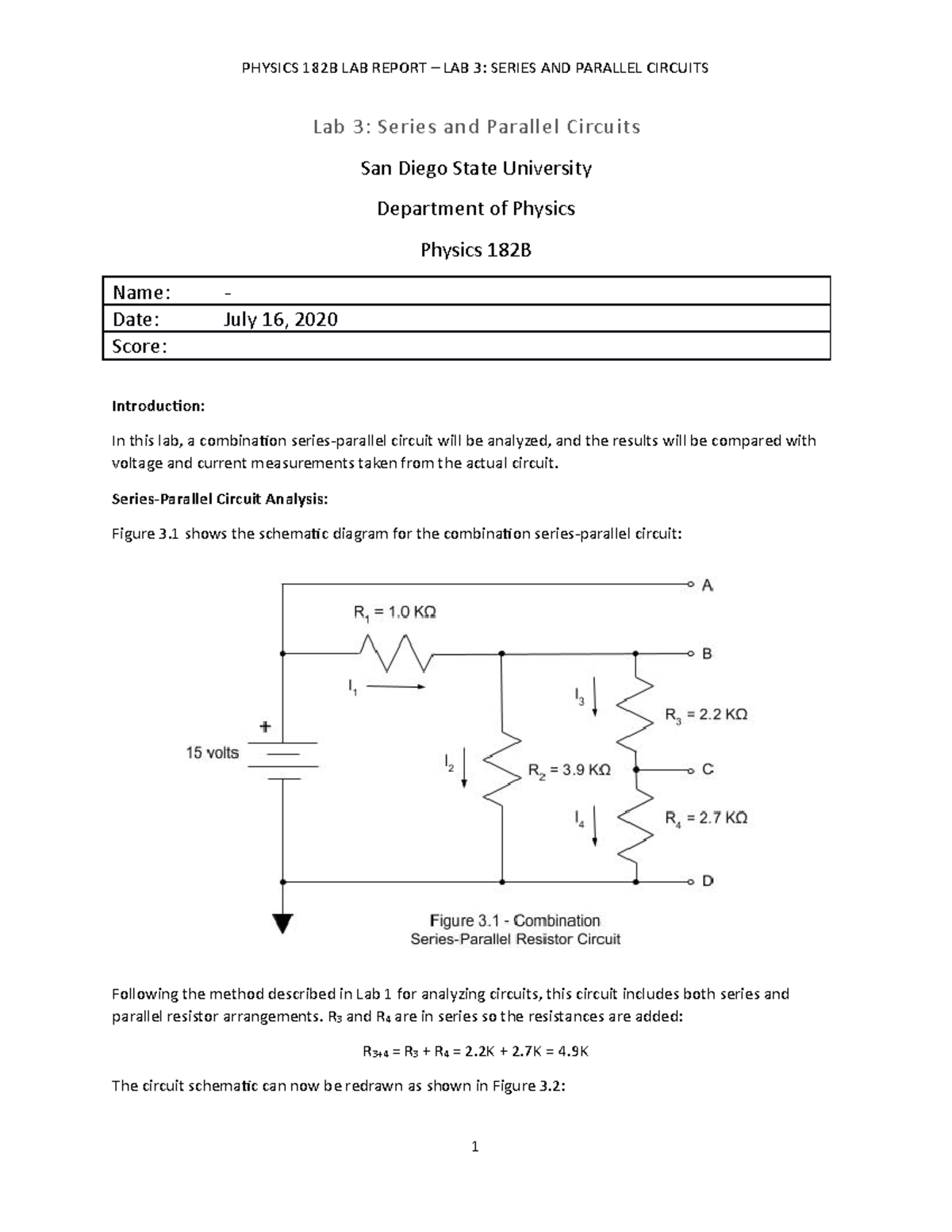 182B Lab 3 - 3rd lab - Lab 3: Series and Parallel Circuits San Diego ...