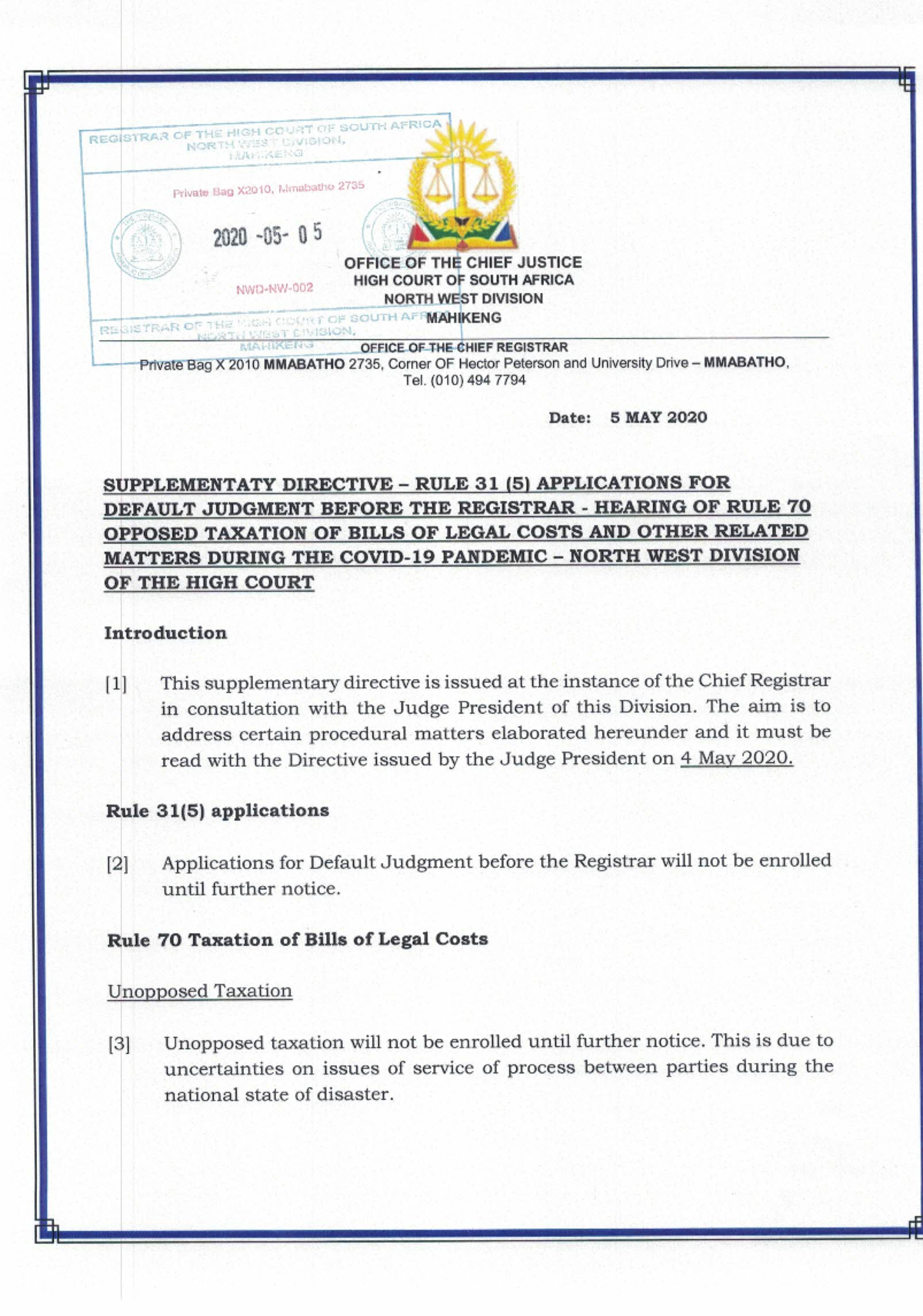 Supplementary Directive - Rule 31 5 Applications for Default Judgment Before the Registrar - Studocu