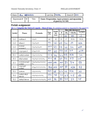 Lab 3 Prelab assignment submission - General Chemistry laboratory, Chem 18/19 PRELAB ASSIGNMENT ...