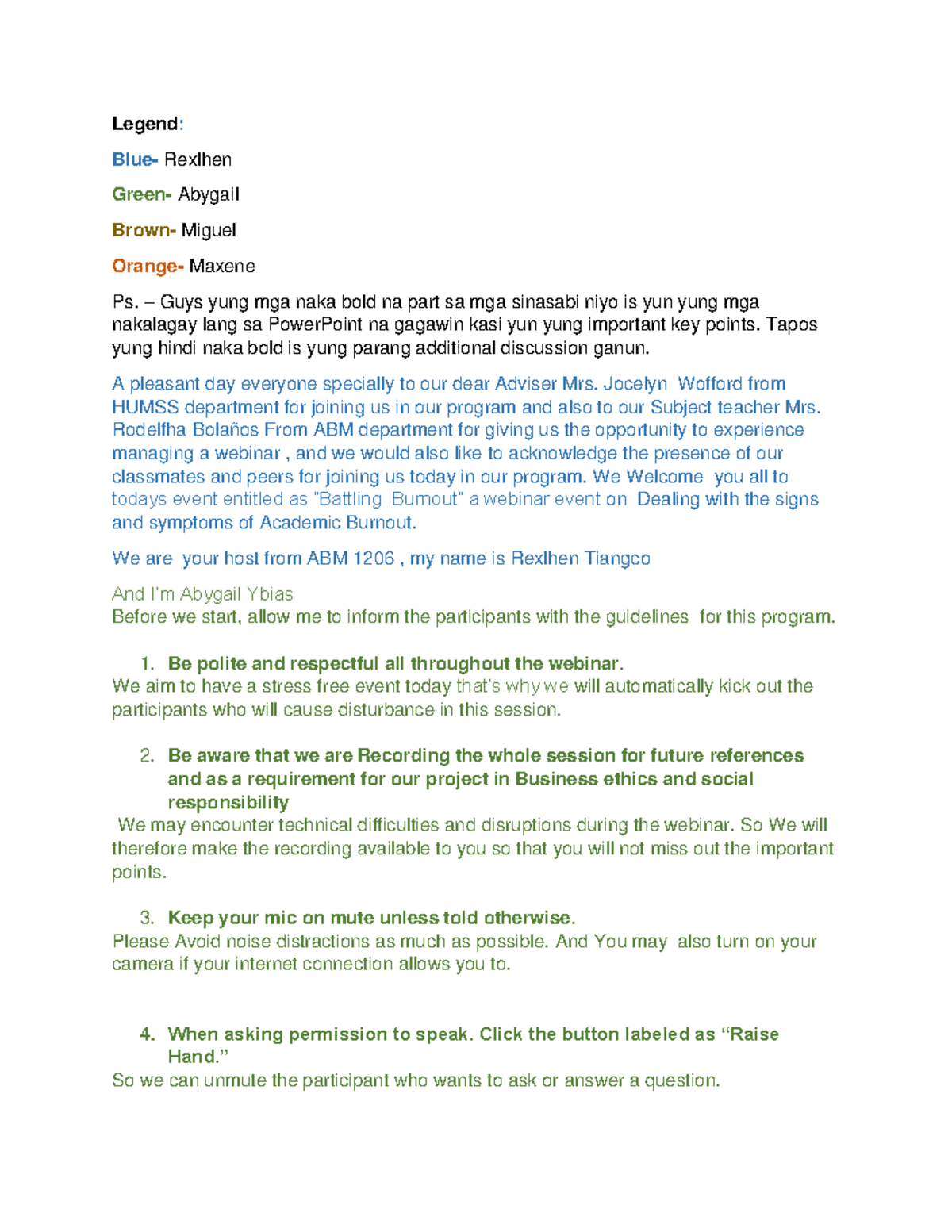 Business Ethics and social responsibility program script - Legend: Blue ...