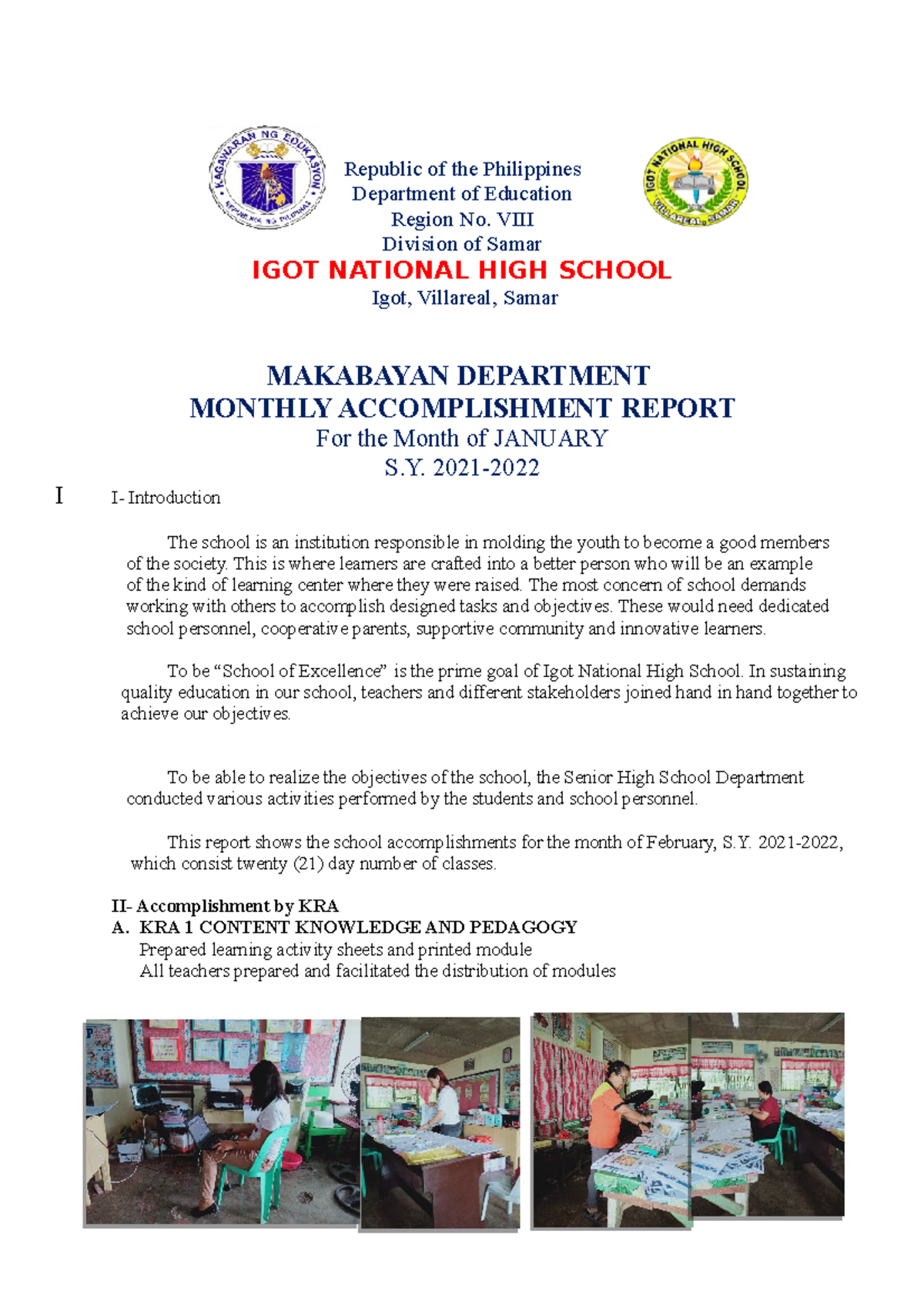 501860841 Monthly Accomplishment Report March 2021 - Republic of the ...