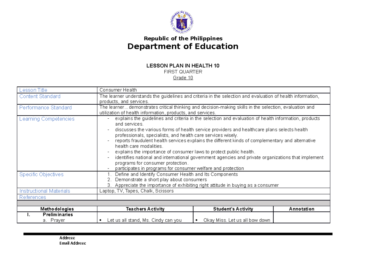 lesson plan in teaching mapeh subject - Department of Education LESSON PLAN IN HEALTH 10 FIRST ...