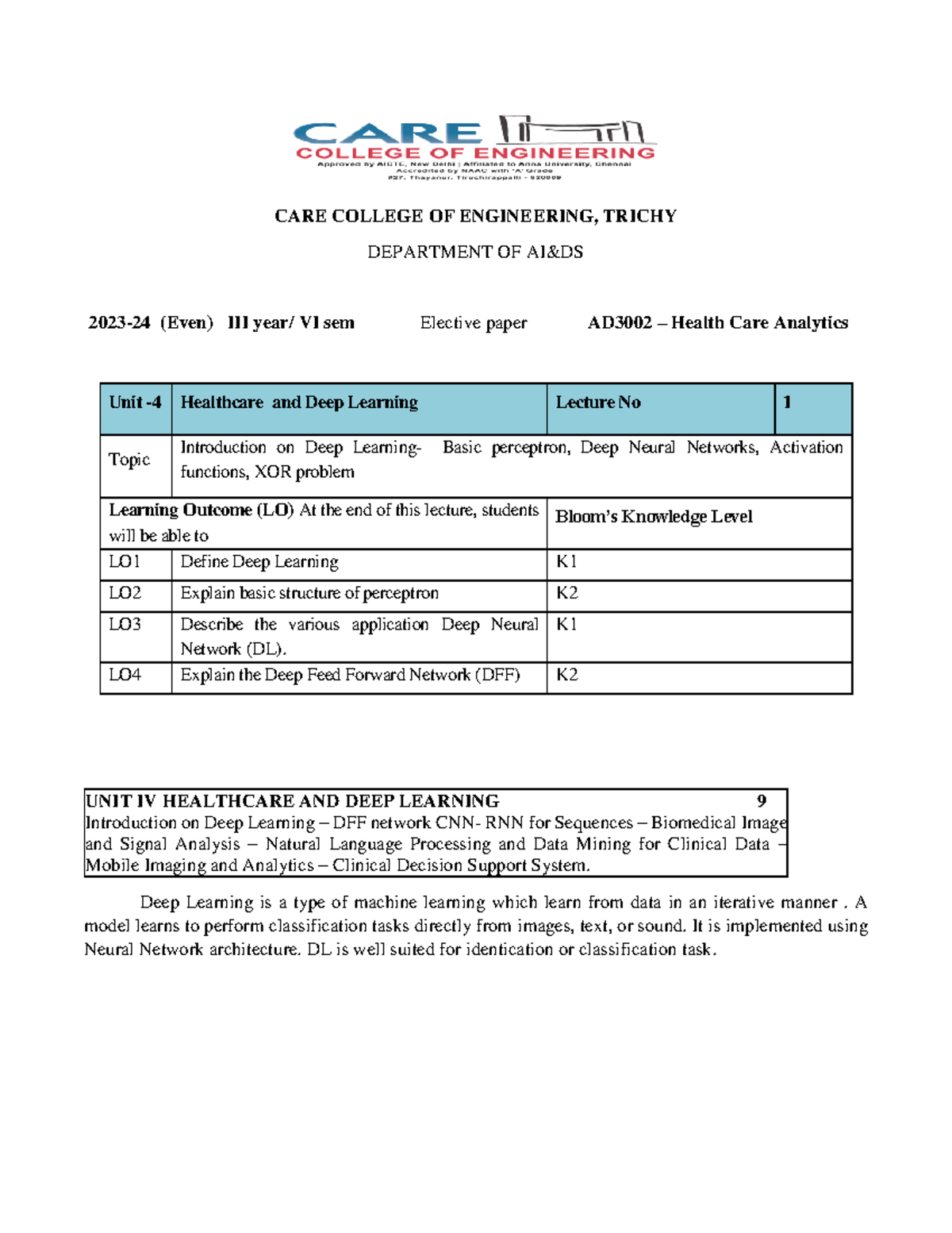 AD3002 HCA U-4 lect notes - CARE COLLEGE OF ENGINEERING, TRICHY ...