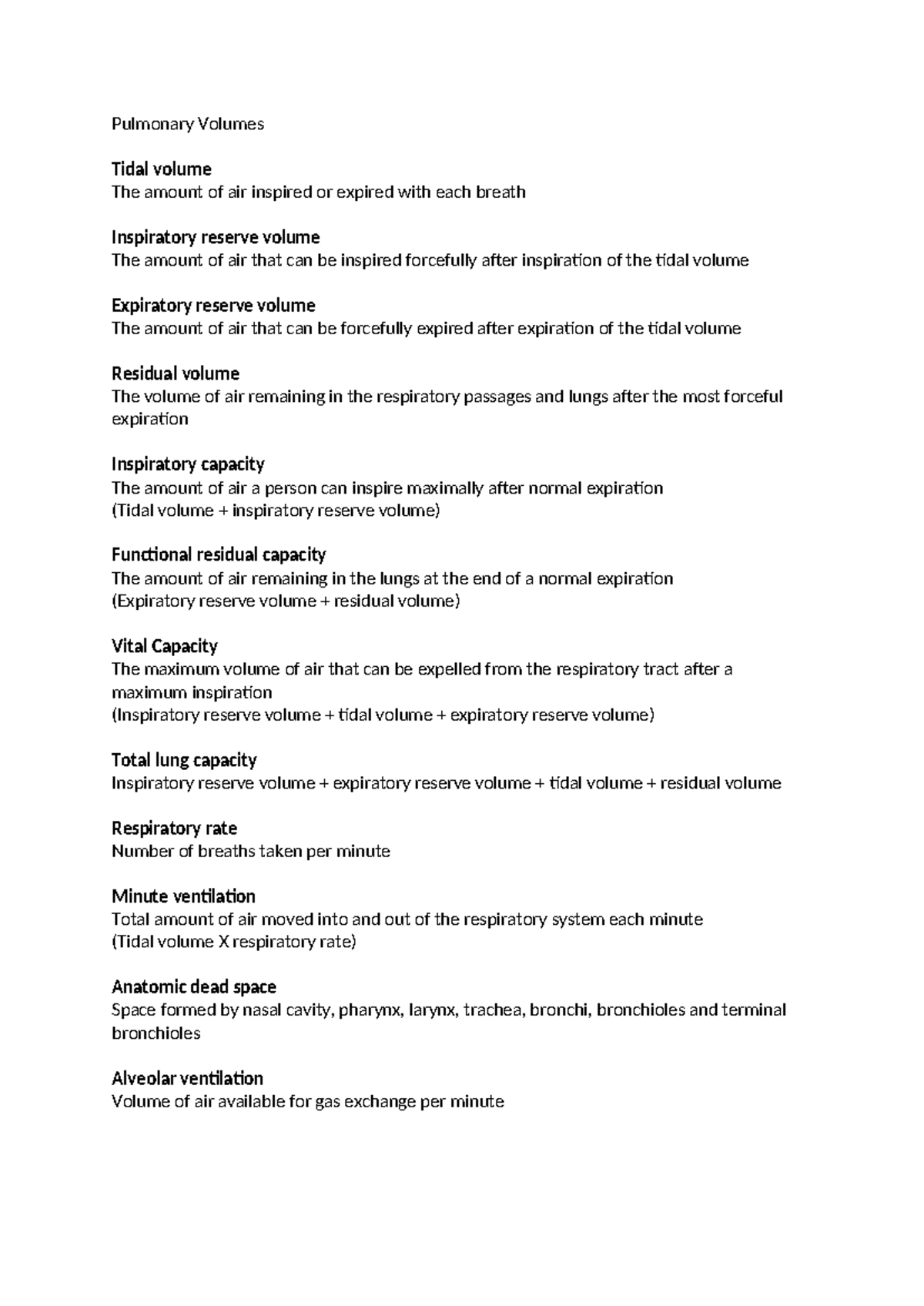 Pulmonary Volumes Terms - Pulmonary Volumes Tidal volume The amount of ...
