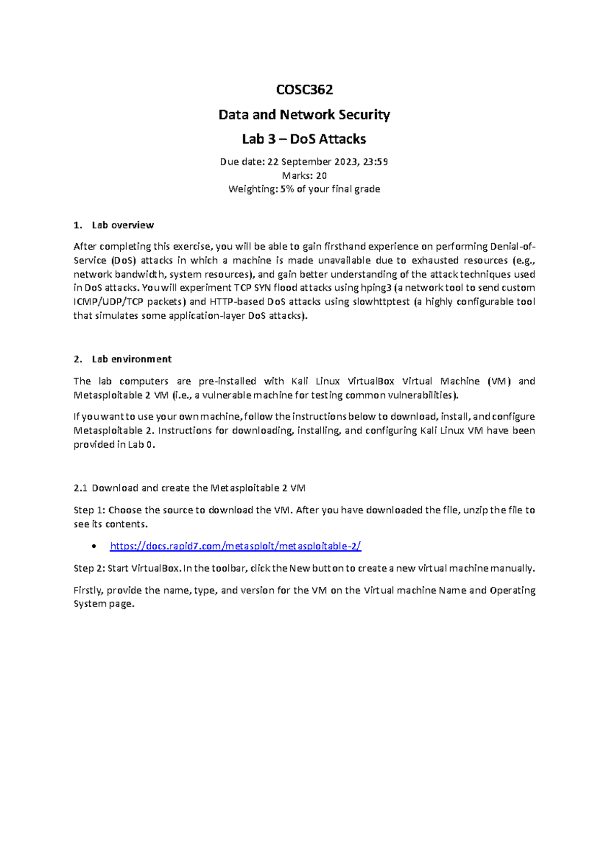 Lab 3 Do S Attacks - lab3 - COSC Data and Network Security Lab 3 – DoS Attacks Due date: 22 ...