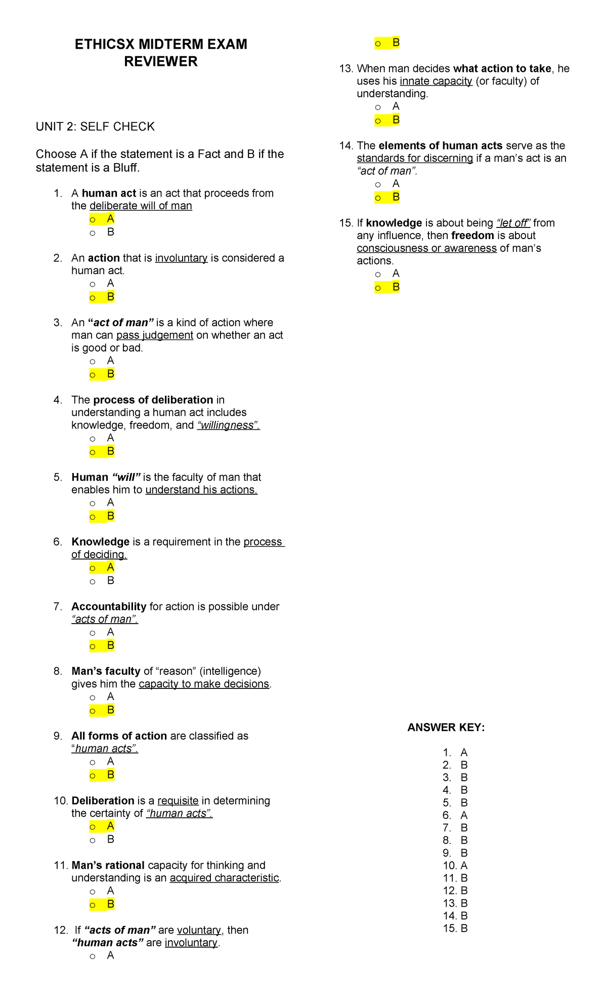 Ethicsx Midterm EXAM Reviewer - ETHICSX MIDTERM EXAM REVIEWER UNIT 2: SELF CHECK Choose A if the ...